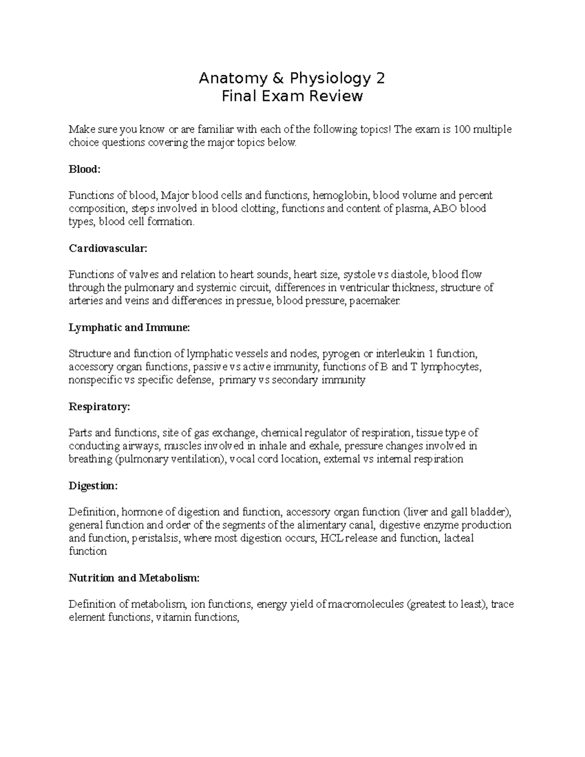 A P 2 Final Exam Review 2011 Anatomy Physiology 2 Final Exam Review 