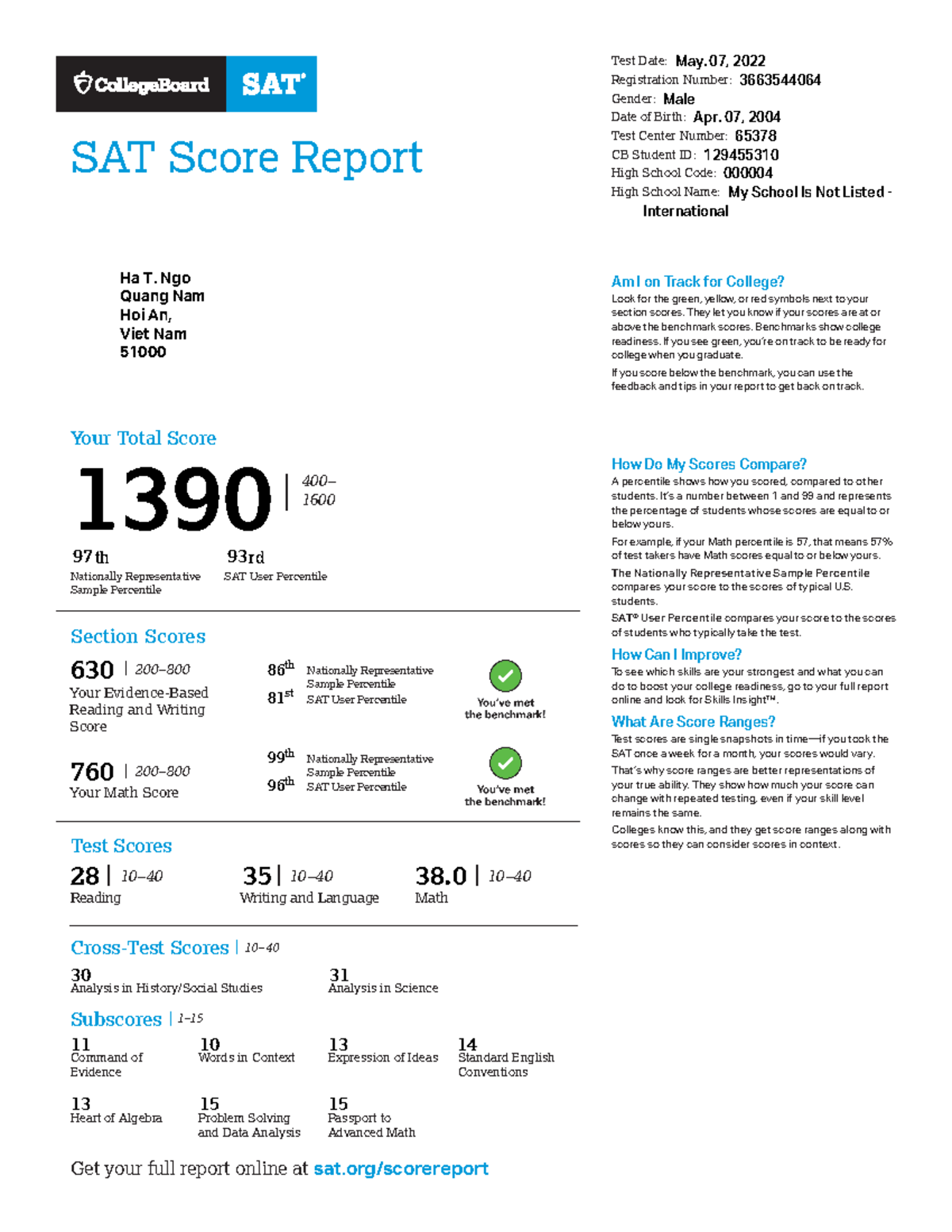 SAT score report - SAT - SAT Score Report Am I on Track for College ...