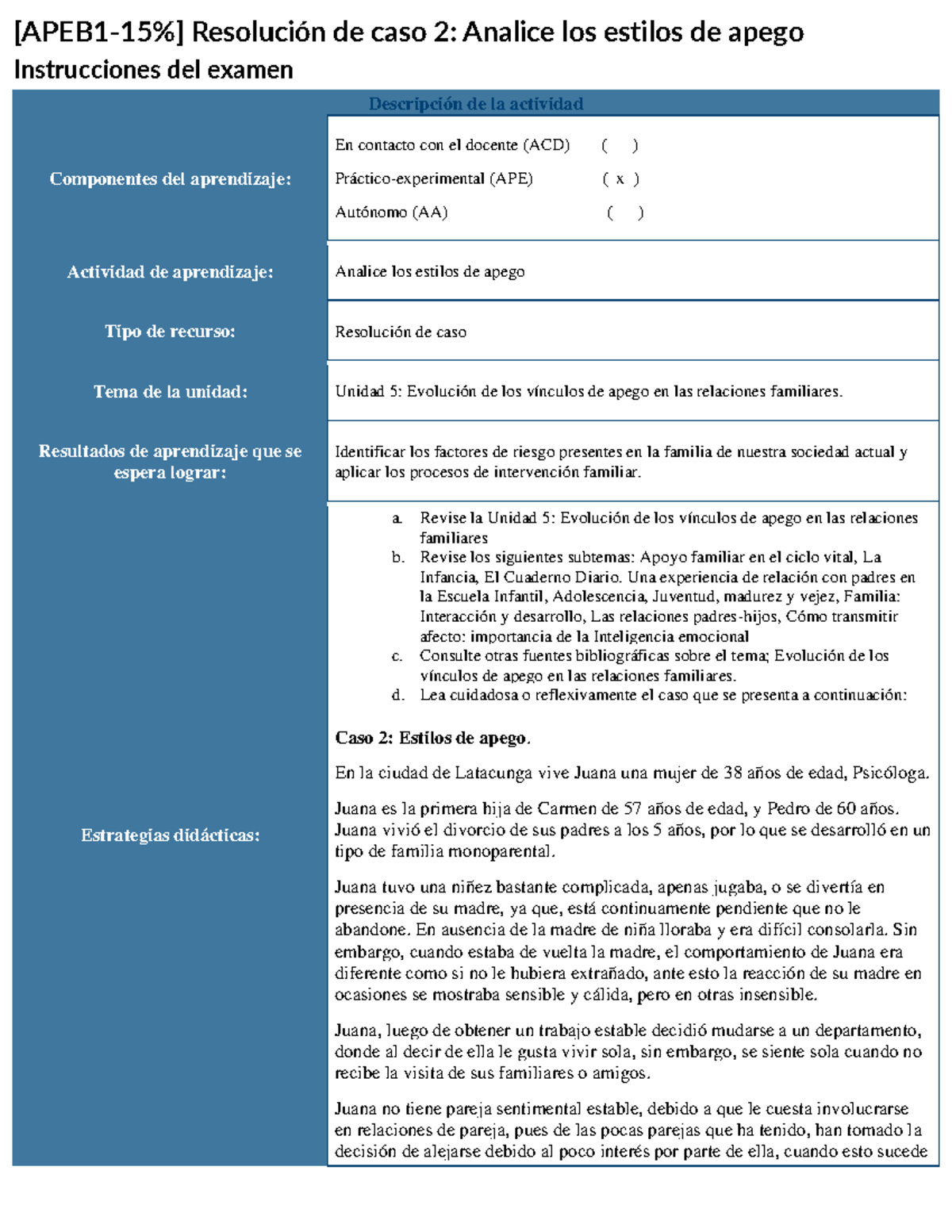 [APEB 1-15%] Resolución de caso 2 Analice los estilos de apego - [APEB1-15%] Resolución de caso ...
