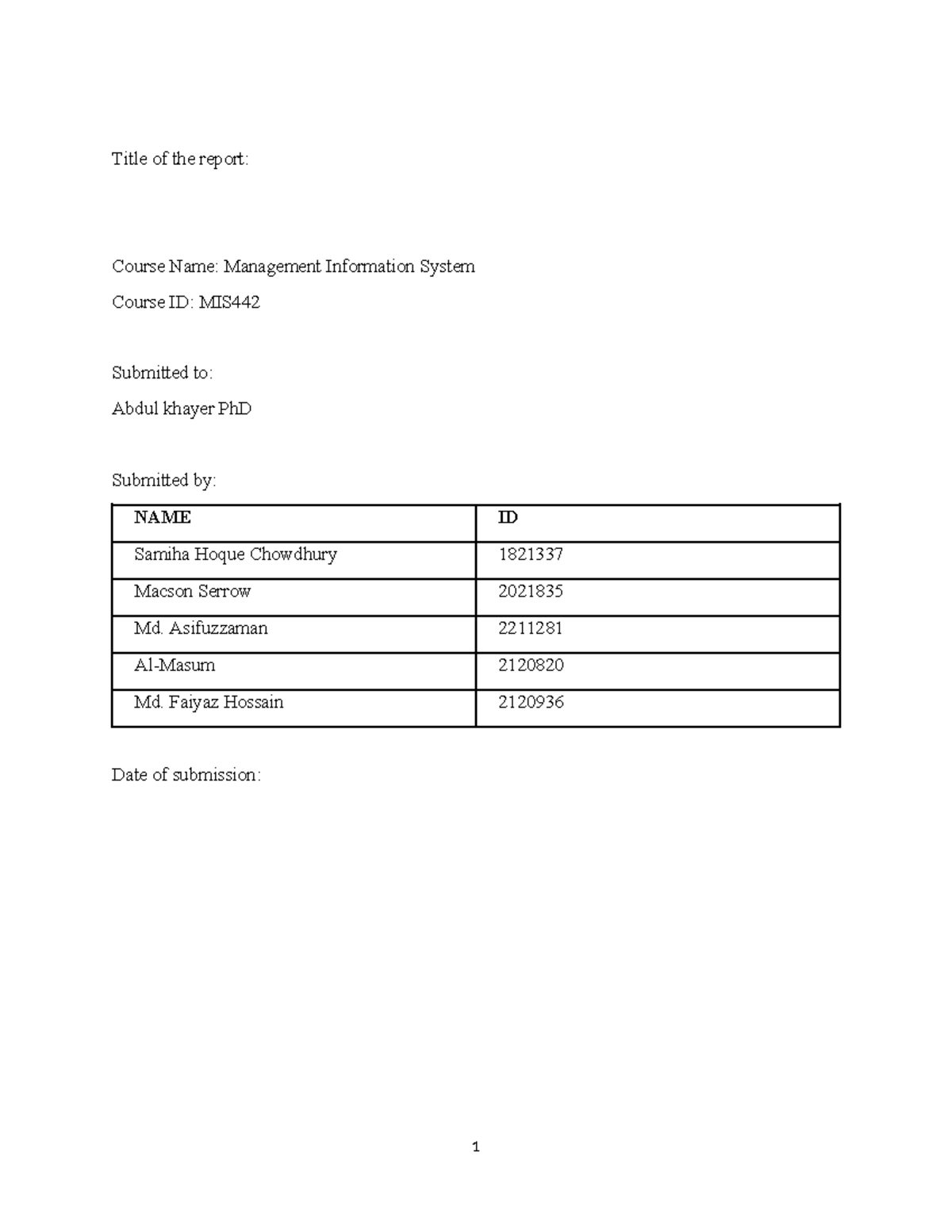 Sample Report - Title of the report: Course Name: Management ...