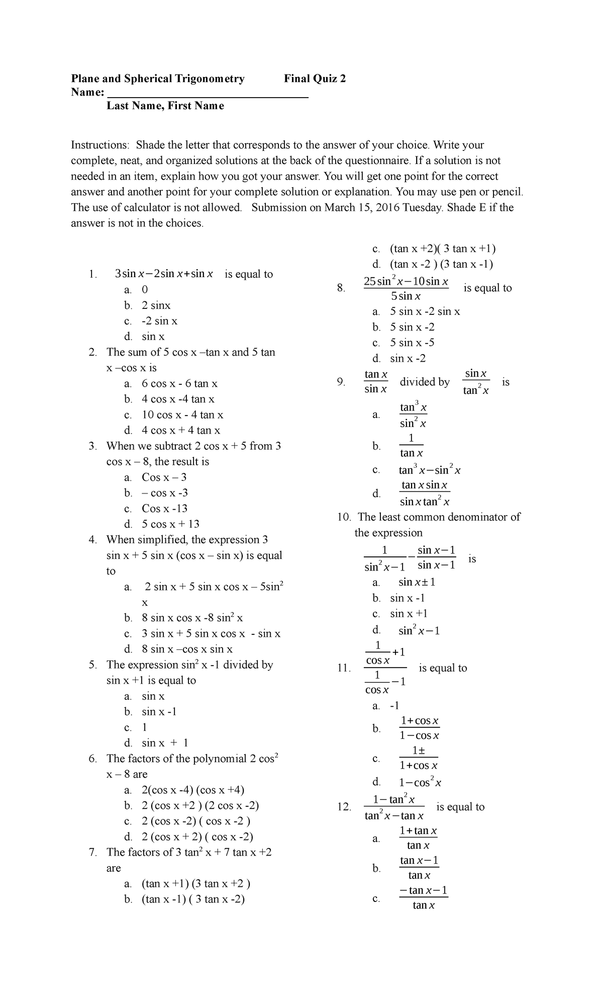 PST Final Quiz 2 - Plane and Spherical Trigonometry - Plane and ...