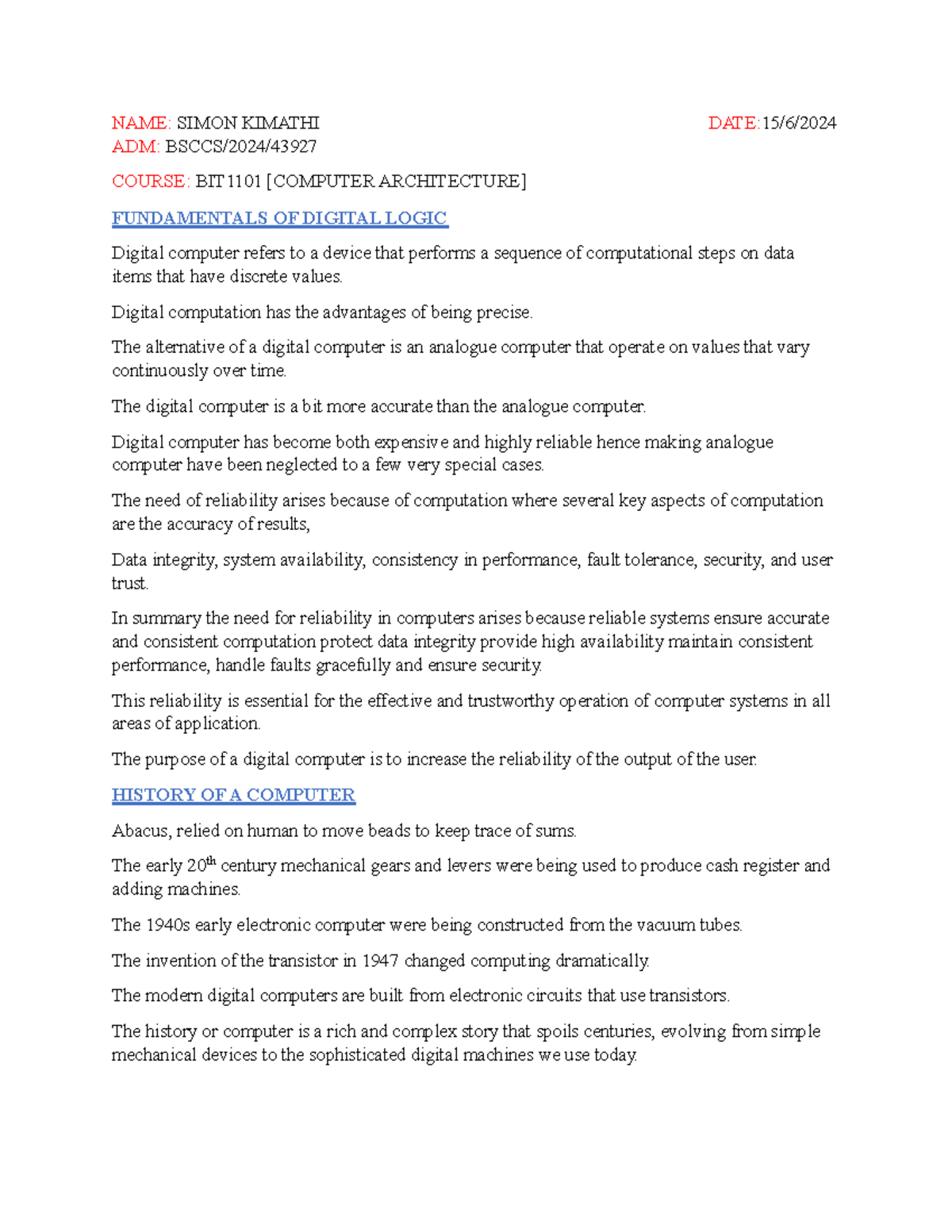 Fundamentals of digital logic - NAME: SIMON KIMATHI DATE: 15 /6/ ADM: BSCCS/2024/ COURSE ...