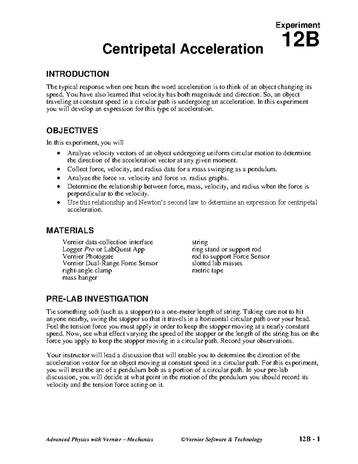 Lab 12 Centripetal Acceleration - Experiment 12B Advanced Physics with Vernier – Mechanics ...