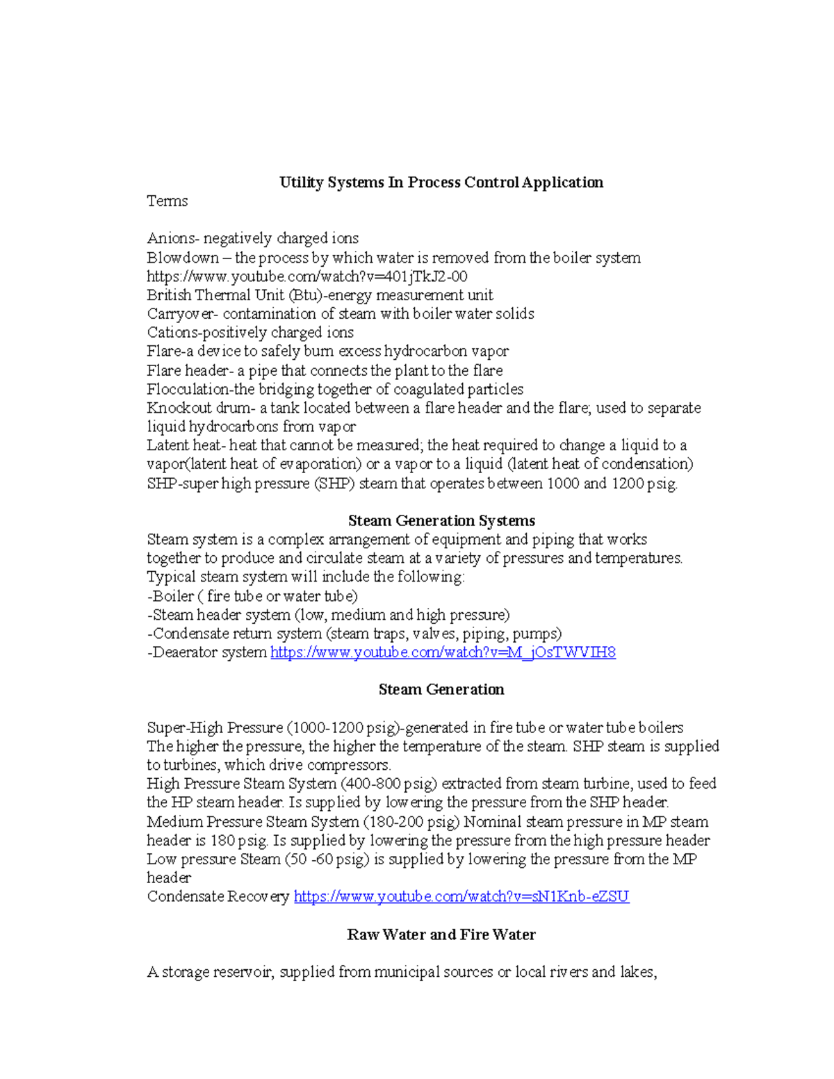 Process Control Application - Utility Systems In Process Control Application Terms Anions- - Studocu
