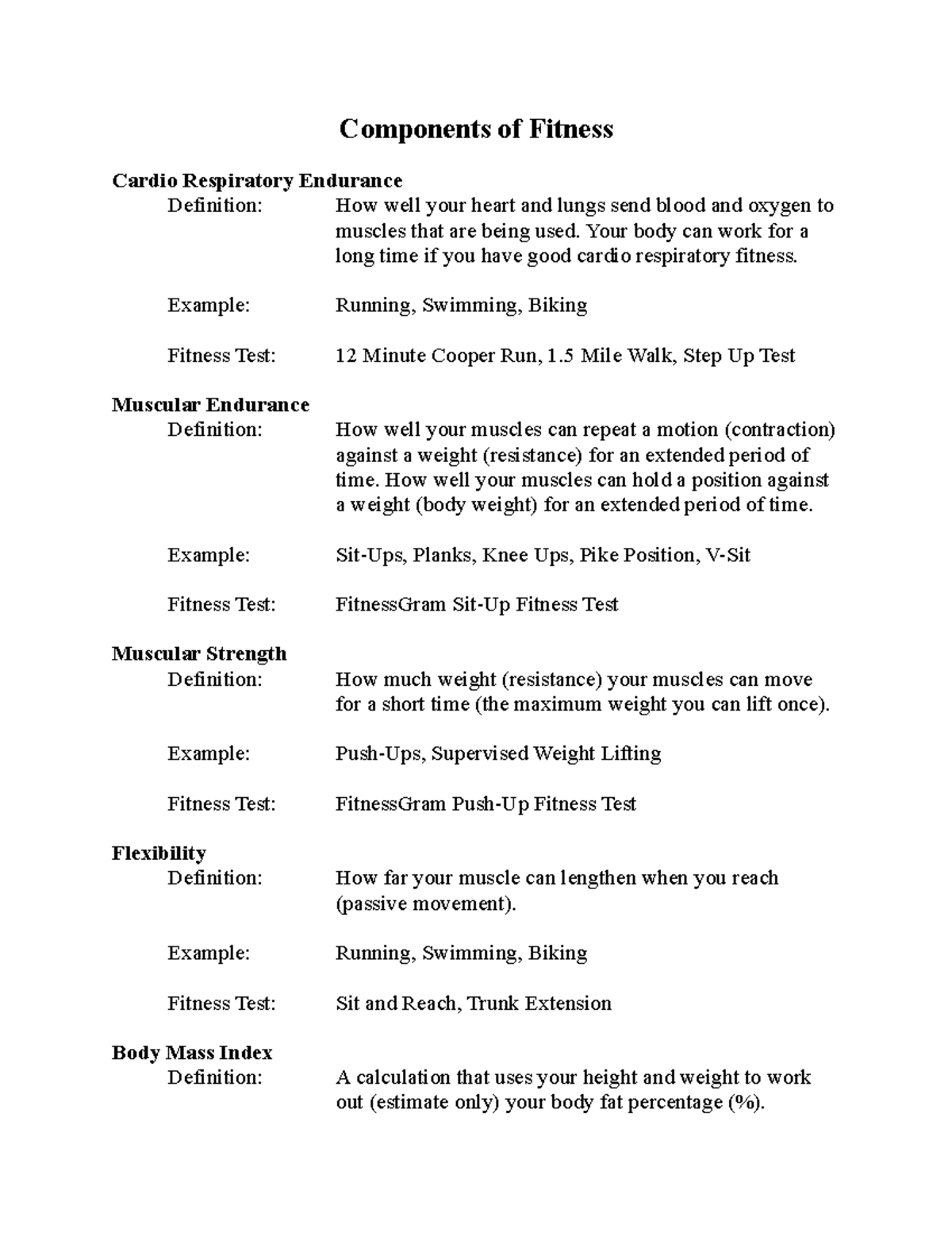 FITT Goal and PE Components of Fitness - Components of Fitness ! Cardio ...