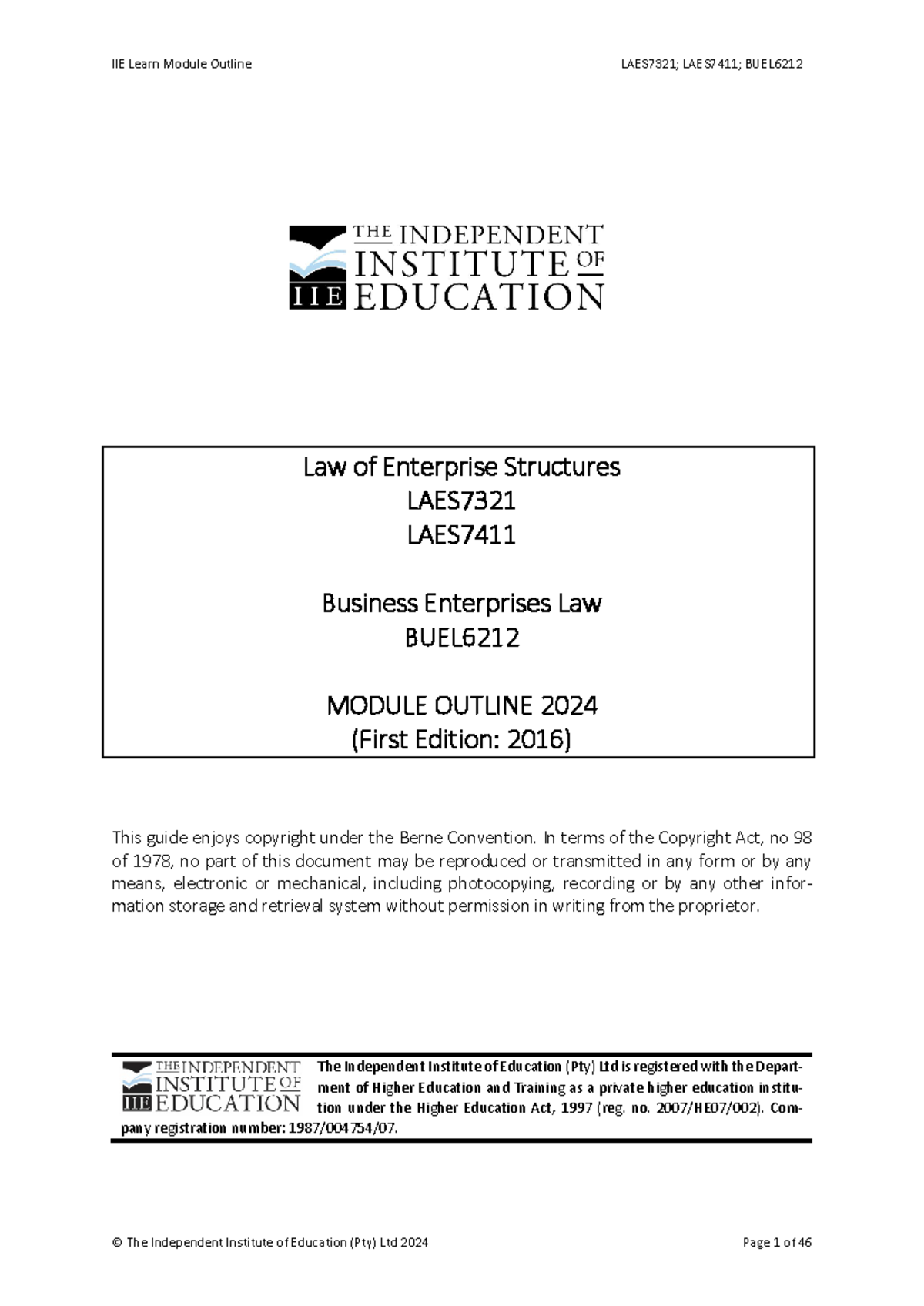 LAES7411 MO - Module Outline - Law of Enterprise Structures LAES LAES ...