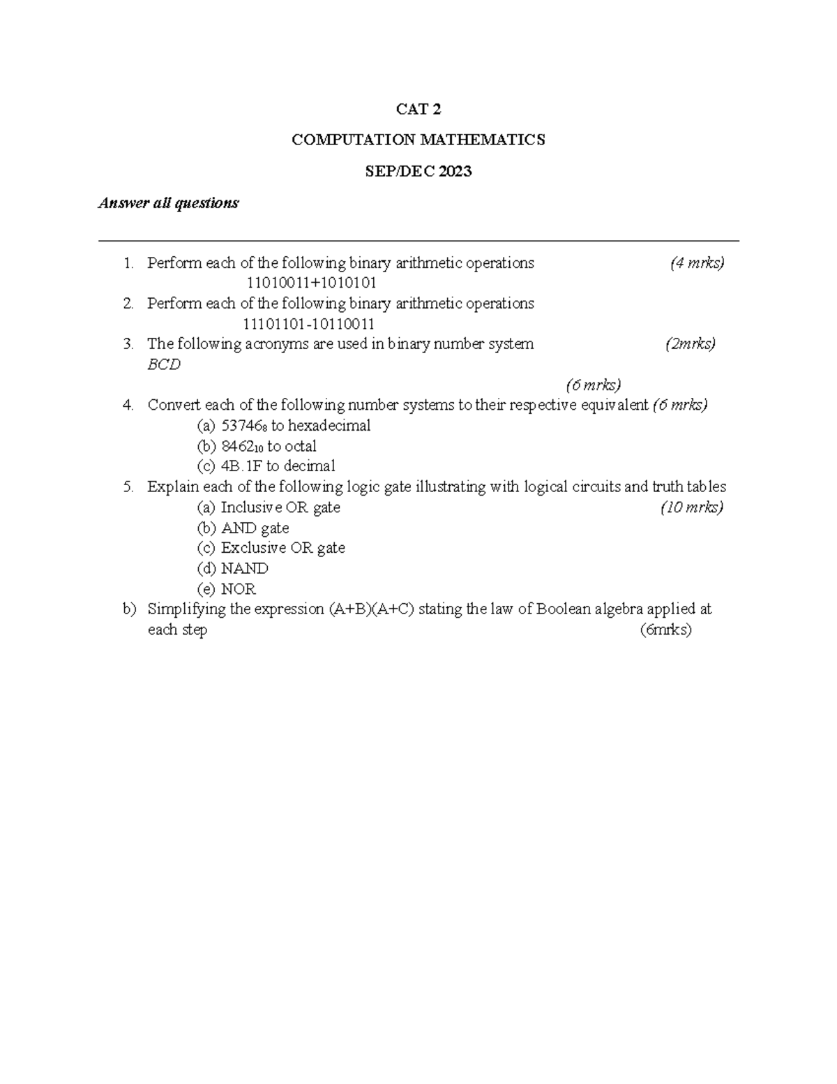CAT 2 Computational MATH - CAT 2 COMPUTATION MATHEMATICS SEP/DEC 2023 ...