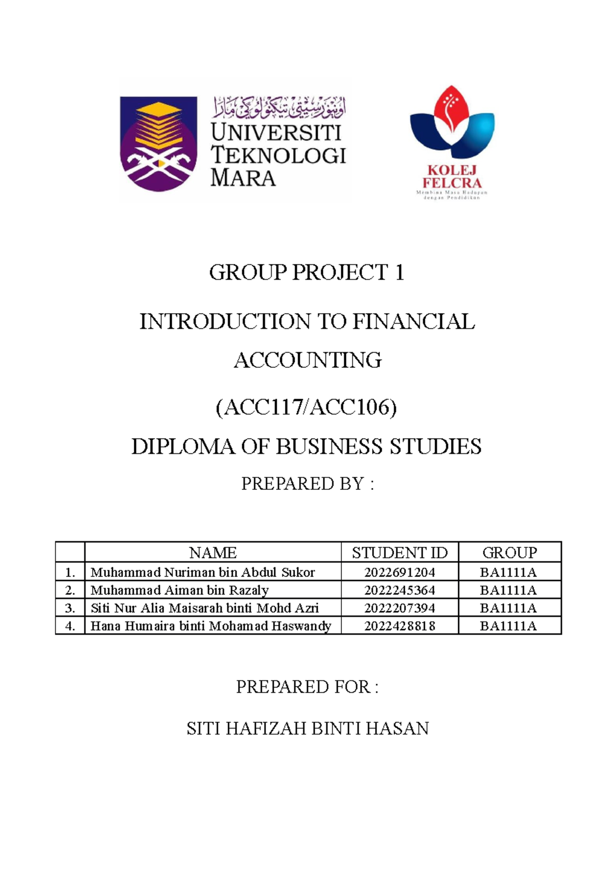 ACC GP Project (1) (Auto Recovered) - GROUP PROJECT 1 INTRODUCTION TO ...