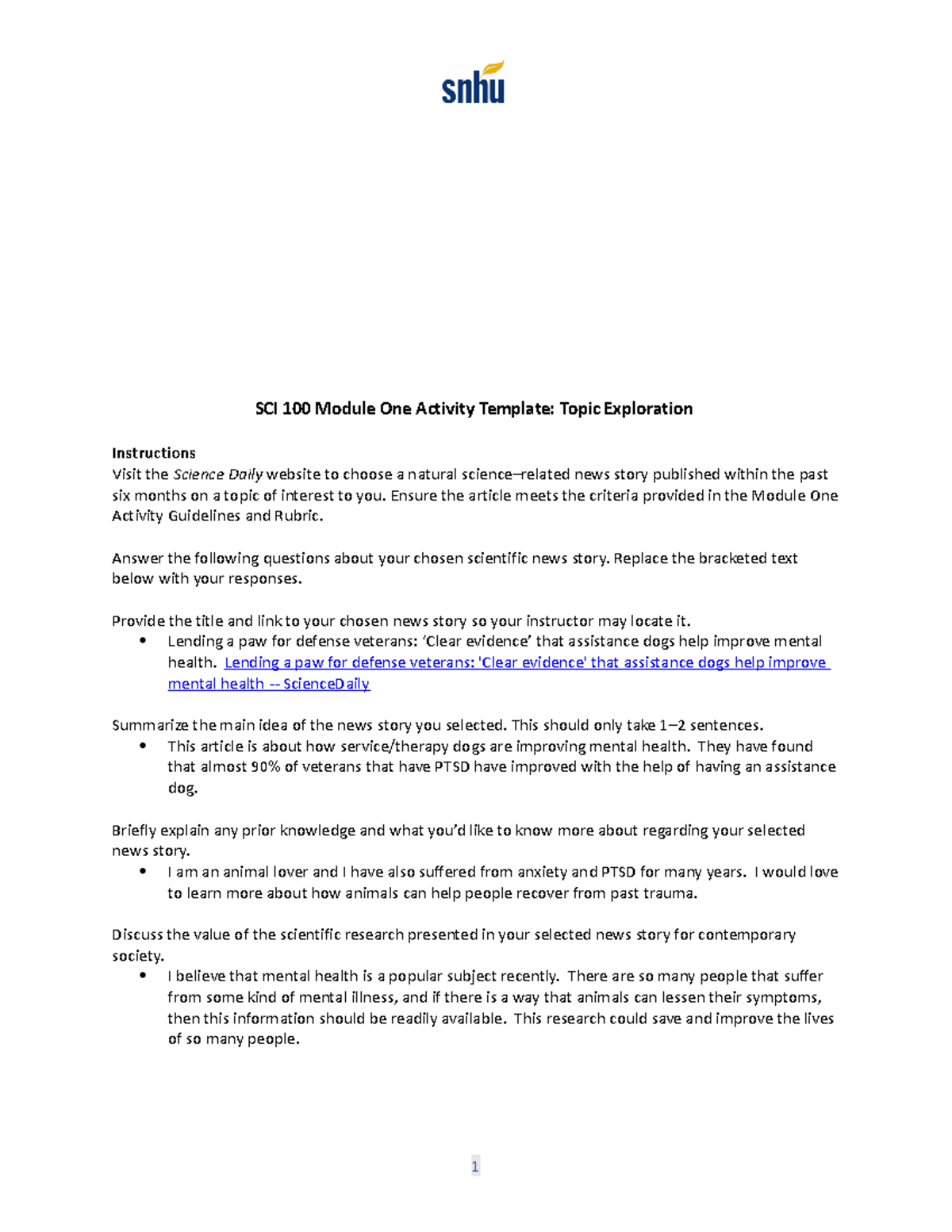 SCI 100 Module One Activity Template - Ensure the article meets the ...