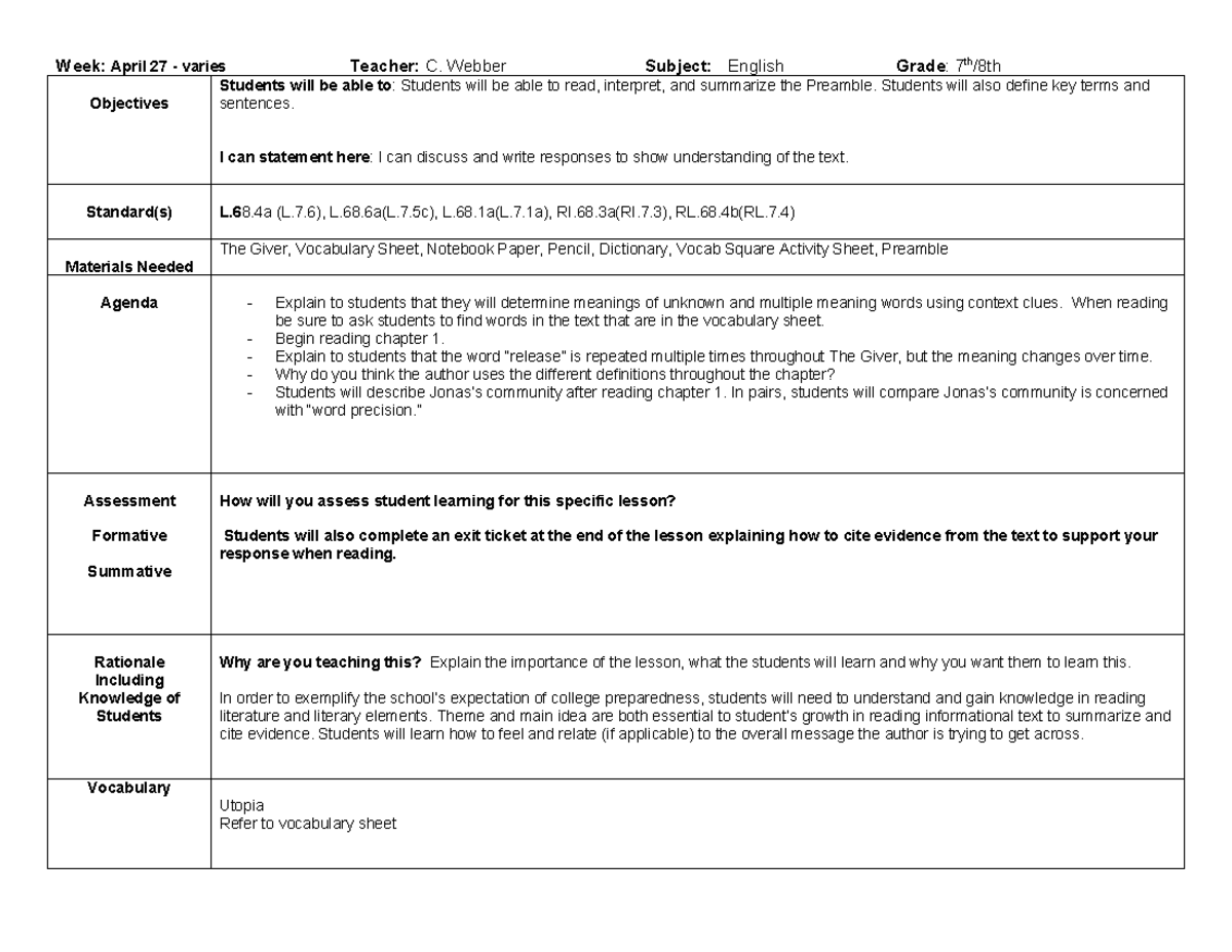 Lesson Plan Template Webber English 4 27 15 The Giver Ch 1 - Week ...