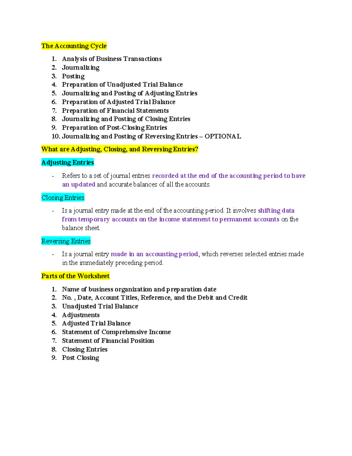 FABM1 Reviewer - The Accounting Cycle 1. Analysis of Business ...