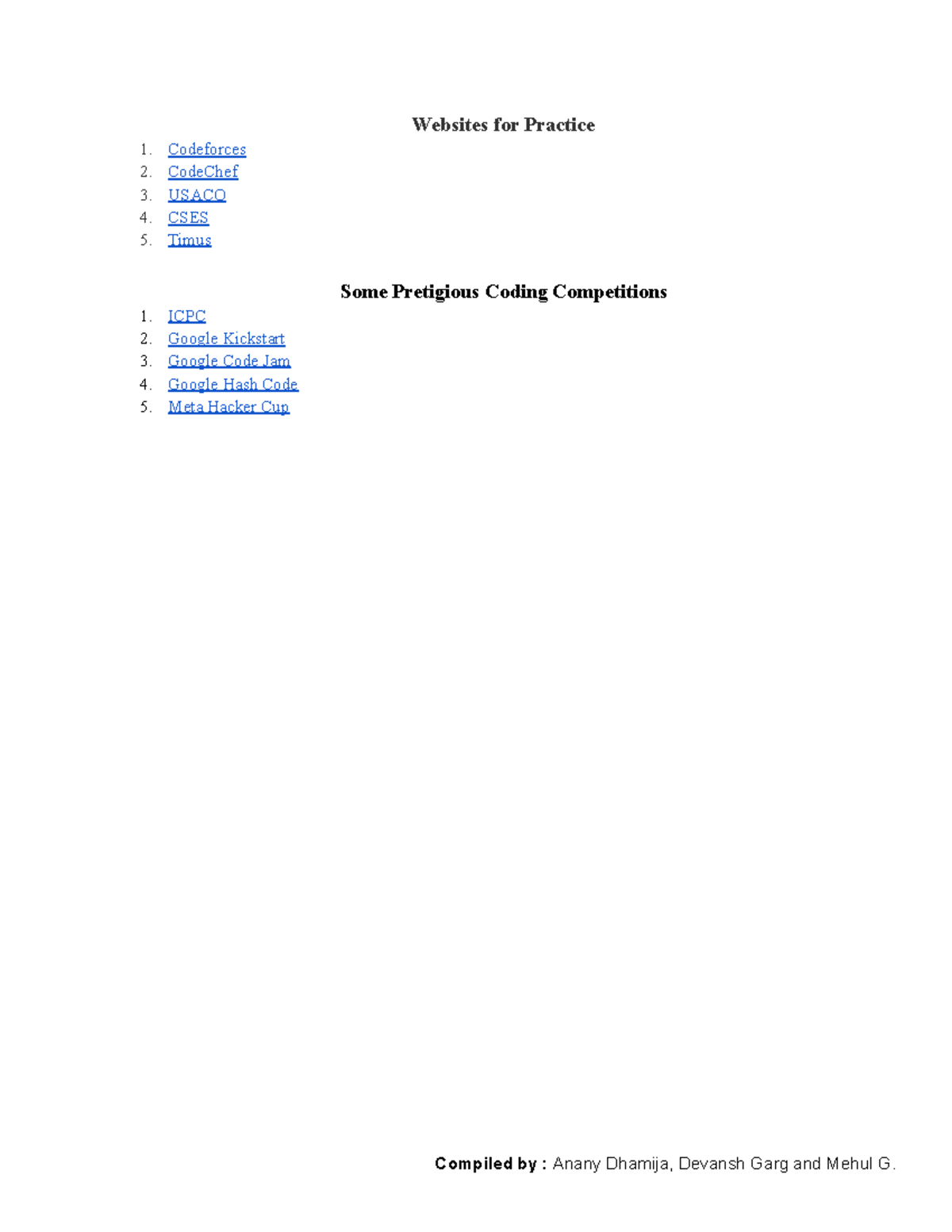 Cp Resources Websites For Practice 1 Codeforces 2 Codechef 3 Usaco 4 Cses 5 Timus Some 