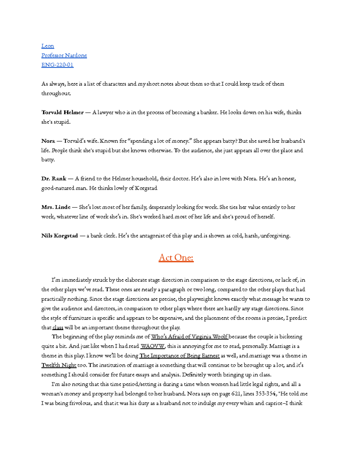 A Doll House journal assignment - Leon Professor Nardone ENG-220- As ...