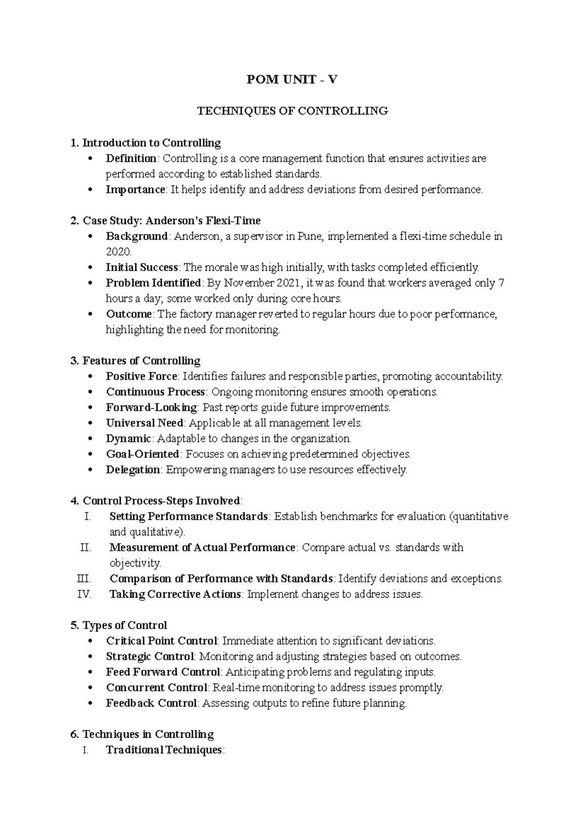 POM UNIT 5 - NOTES - POM UNIT - V TECHNIQUES OF CONTROLLING ...