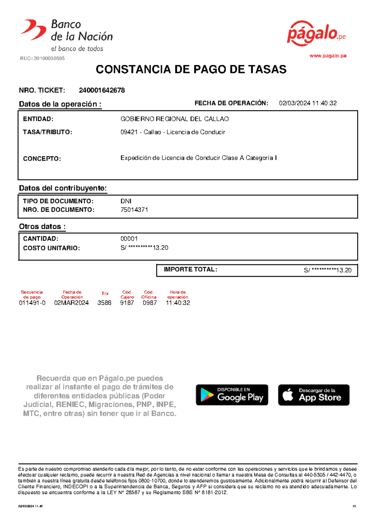 DOC-20240302-WA0002 - documento de informacion. - CONSTANCIA DE PAGO DE TASAS RUC: 20100030595 ...