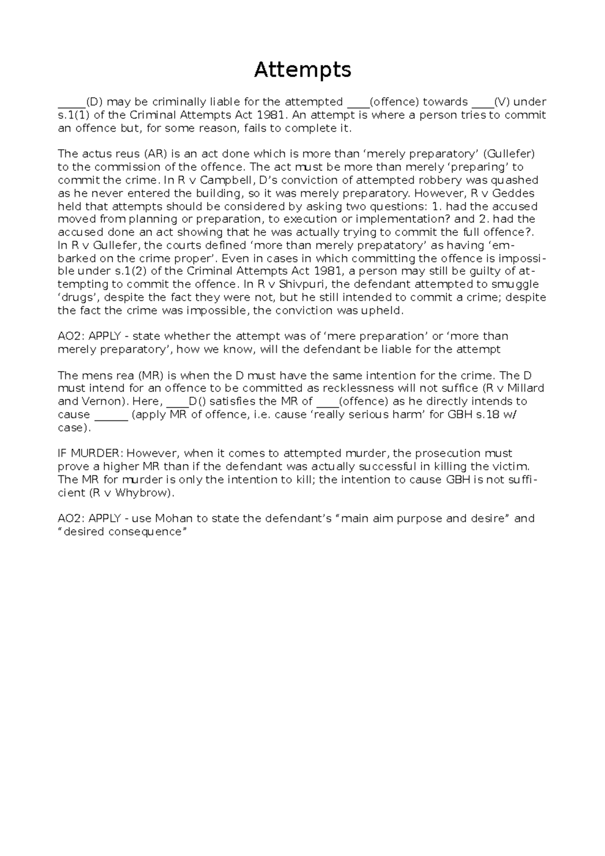 Attempts Essay Plan - Attempts _____(D) may be criminally liable for ...
