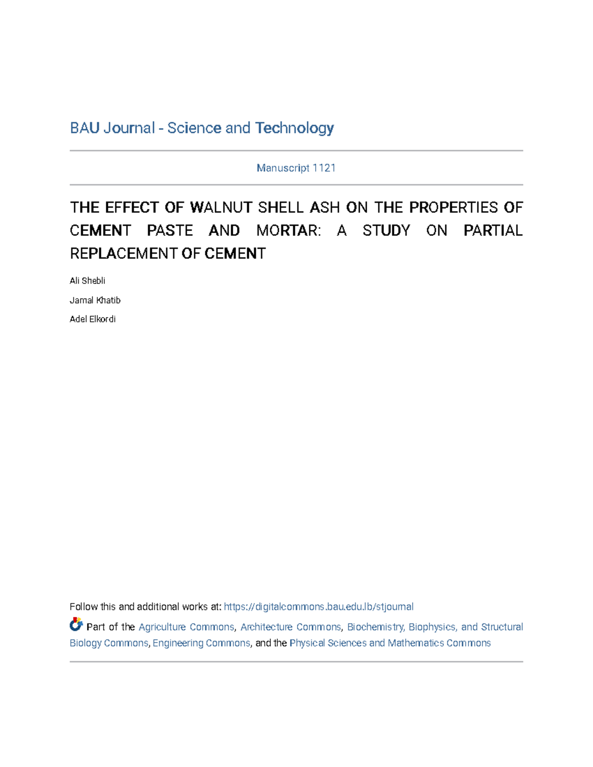 THE Effect OF Walnut Shell ASH ON THE Properties OF Cement Paste - BAU ...