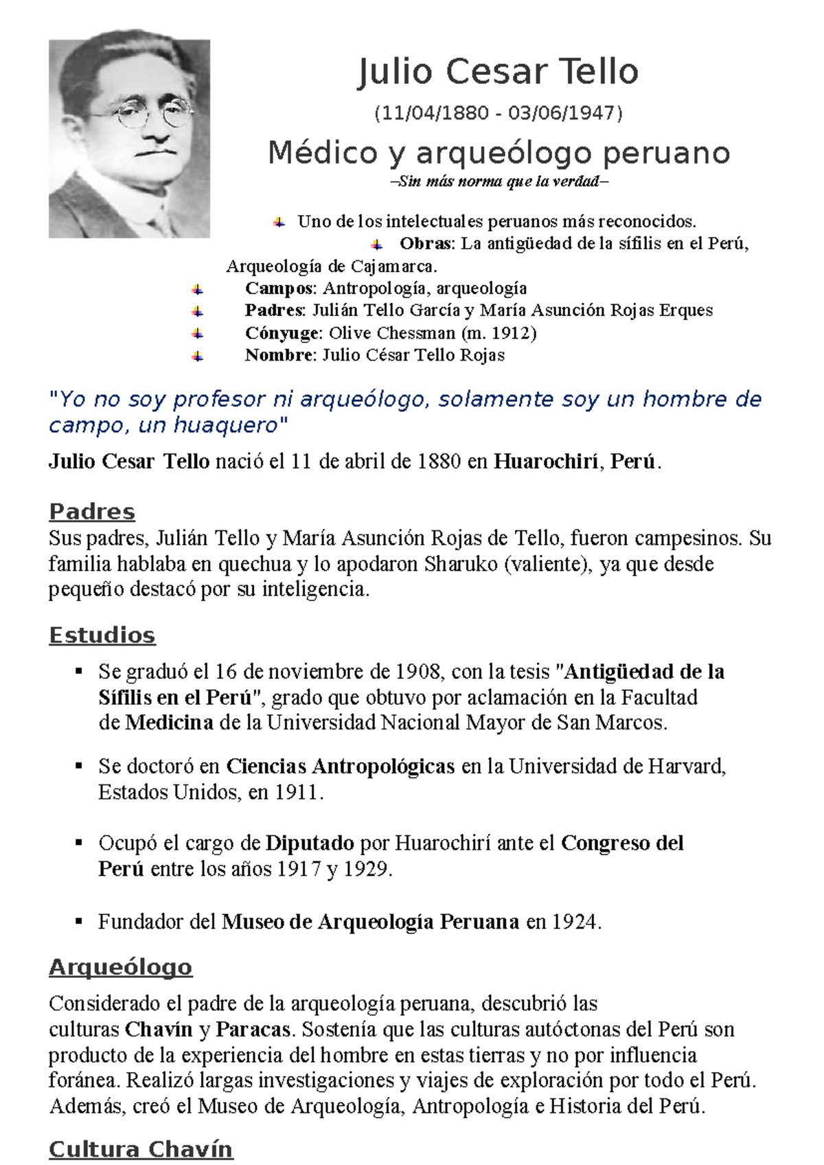 Julio Cesar Tello - resumen - Julio Cesar Tello (11/04/1880 - 03/06 ...
