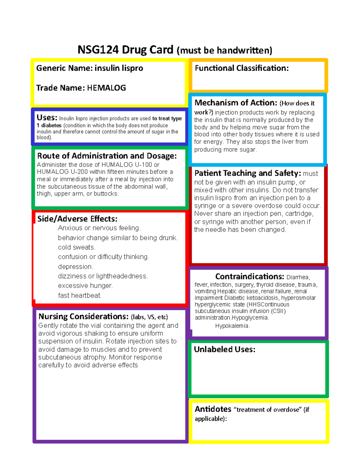 Insulin lispro - course work - NSG124 Drug Card (must be handwritten ...