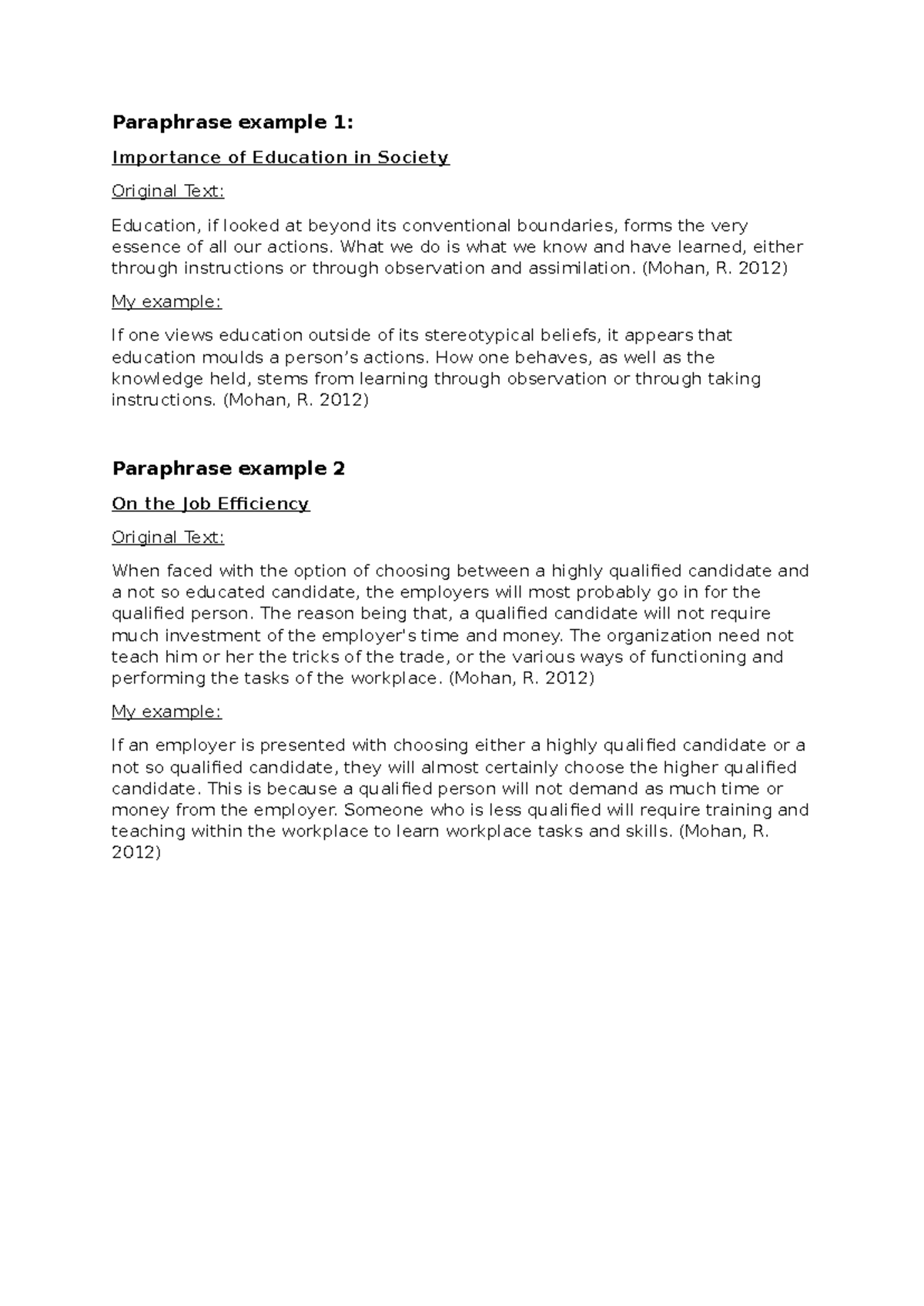 Paraphrasing - good feedback - Paraphrase example 1: Importance of ...