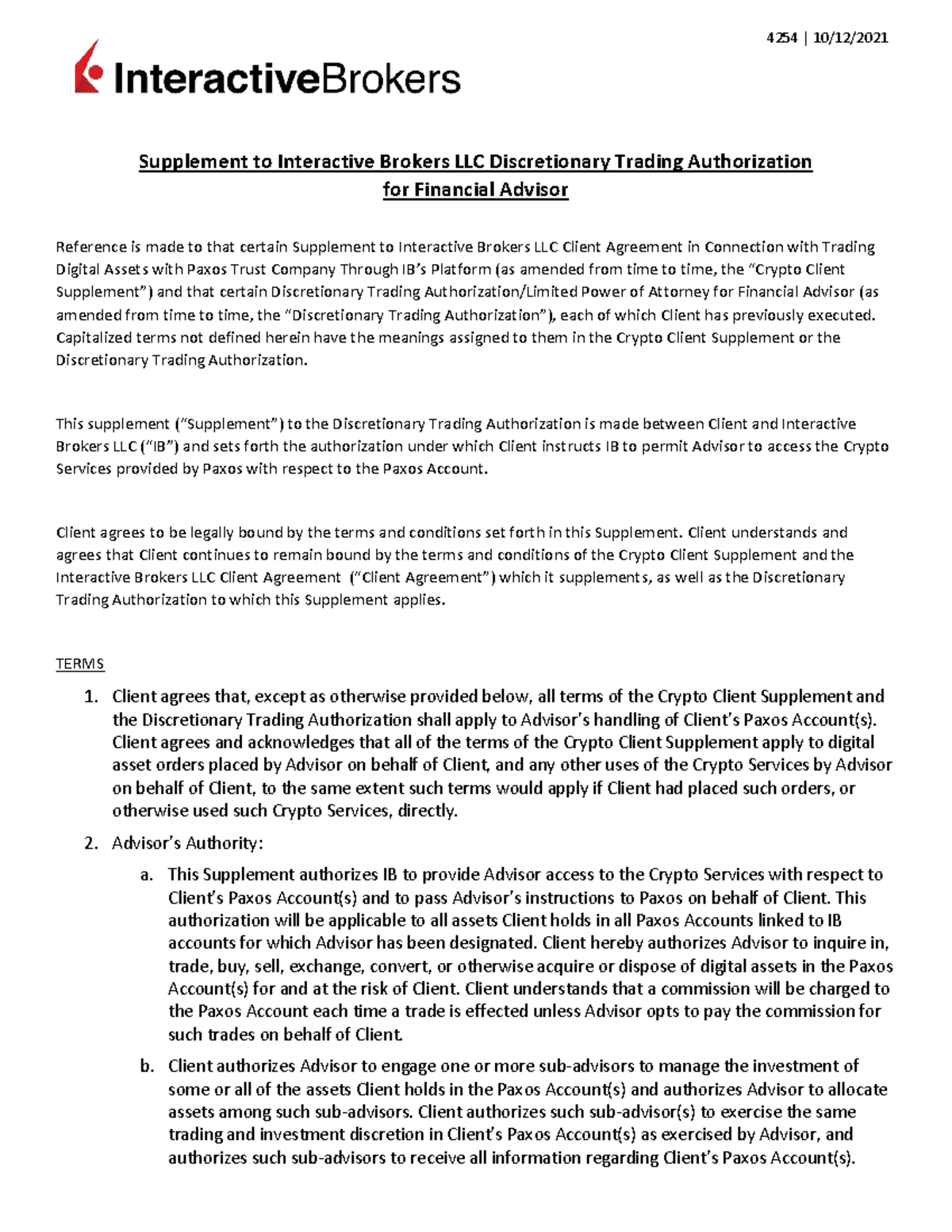 Supplement to IB-LLC Discretionary Trading Authorization for FA - 4254 ...