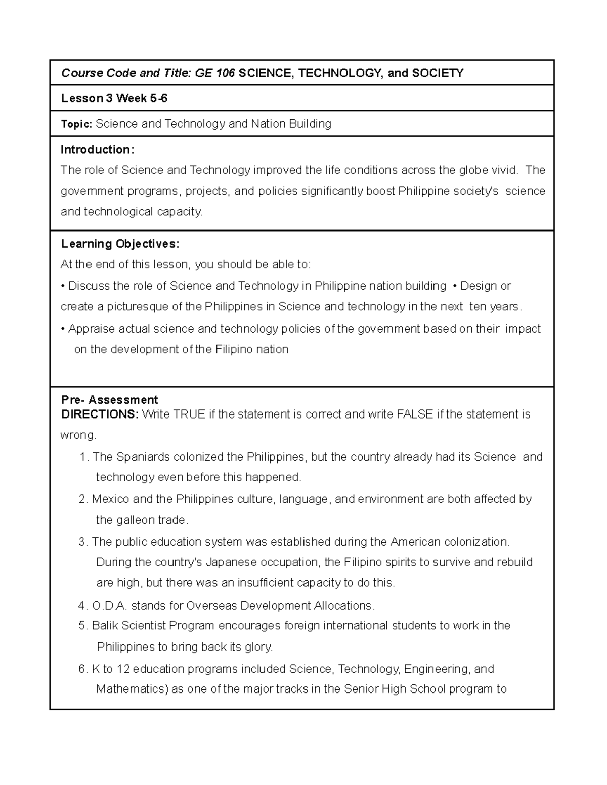 STS Lesson 3 - sta lesosn 3 - Course Code and Title: GE 106 SCIENCE ...