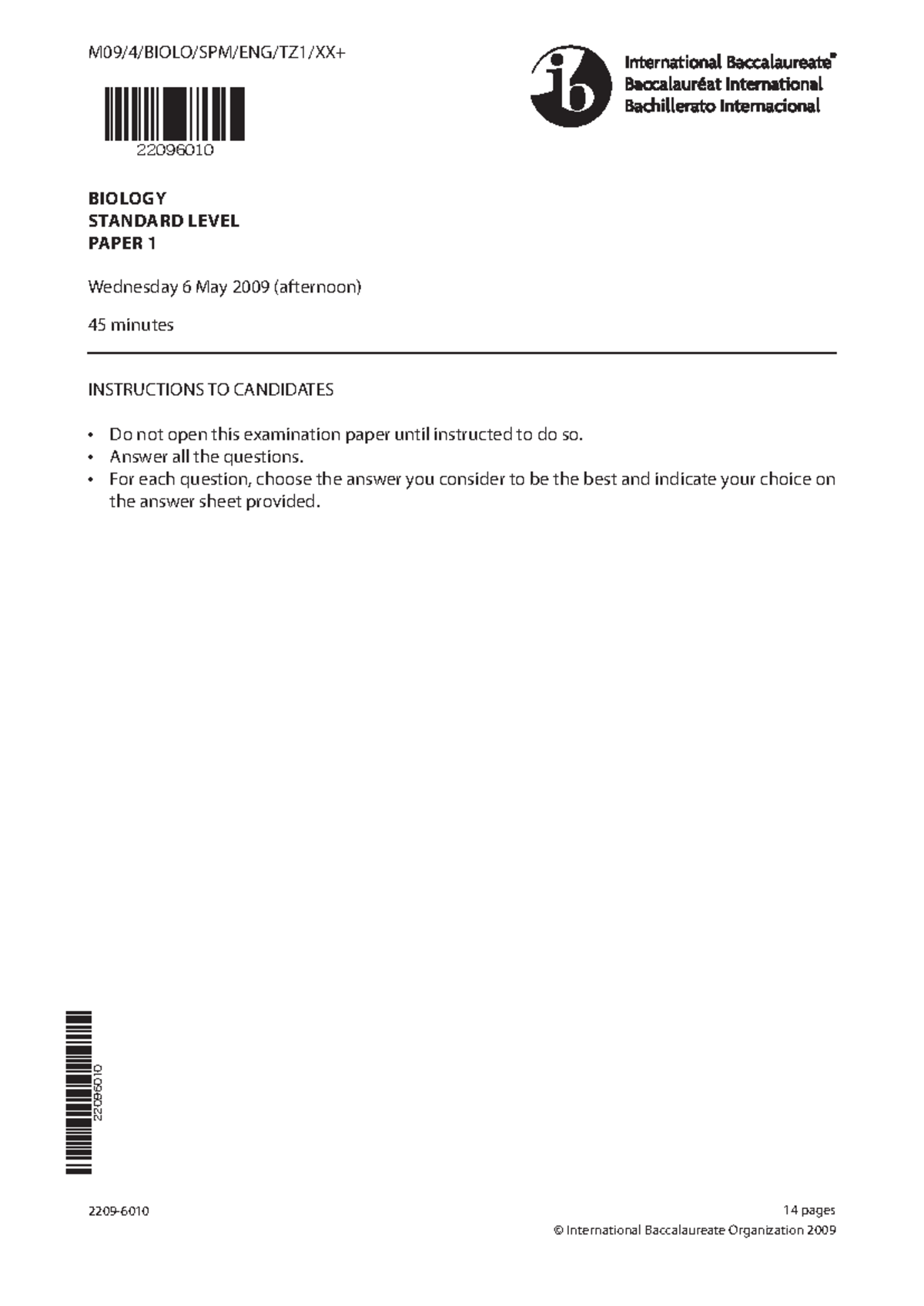 Biology paper 1 TZ1 SL - Bio - 2209-6010 14 pages M09/4/BIOLO/SPM/ENG ...