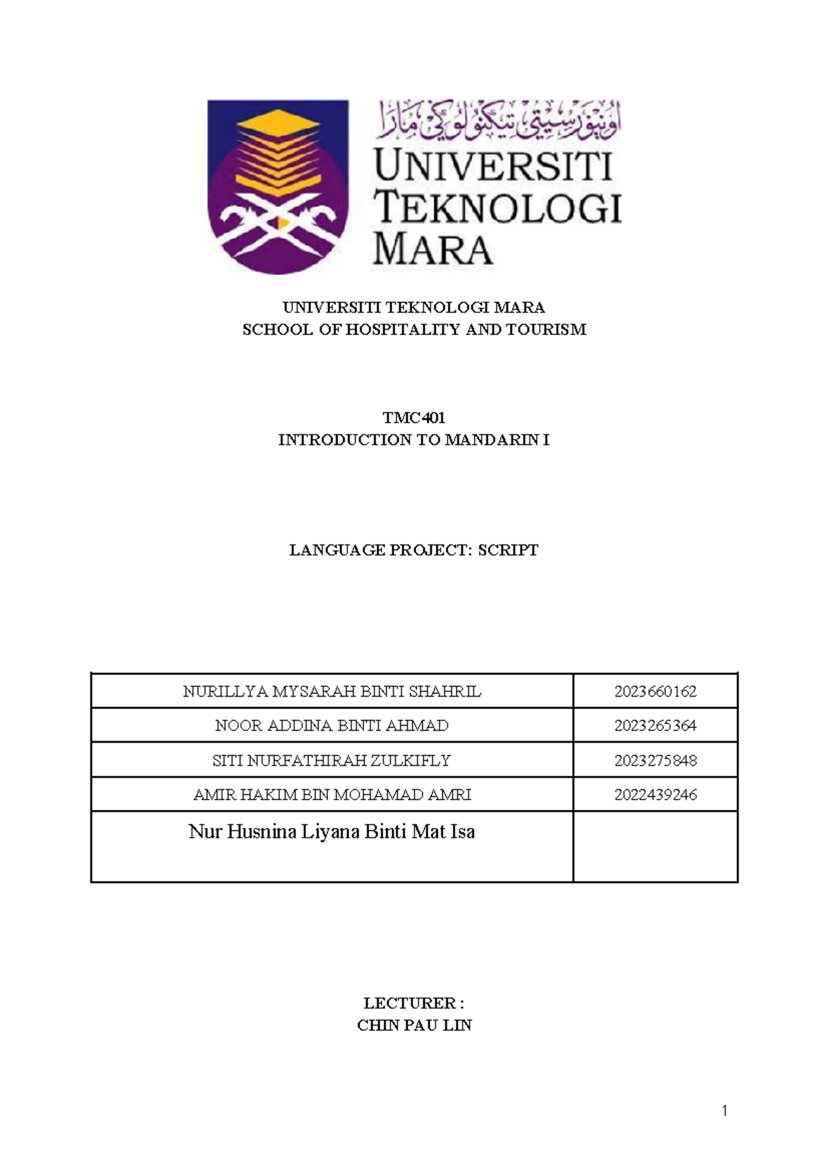 Script Mandarin TMC401 - UNIVERSITI TEKNOLOGI MARA SCHOOL OF ...