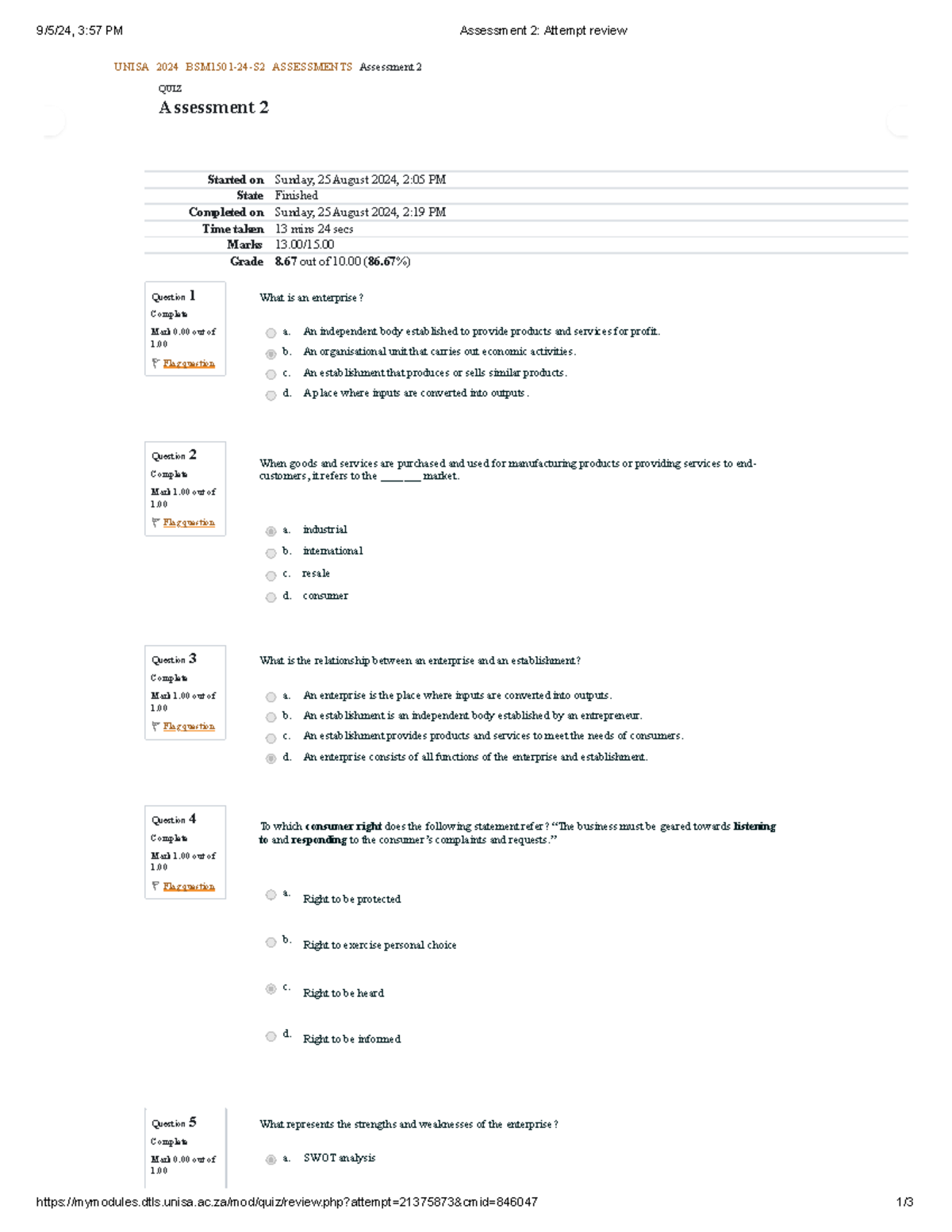 BSM1501 Assessment 2 Attempt review - Question 1 Complete Mark 0 out of 1. Flag question ...