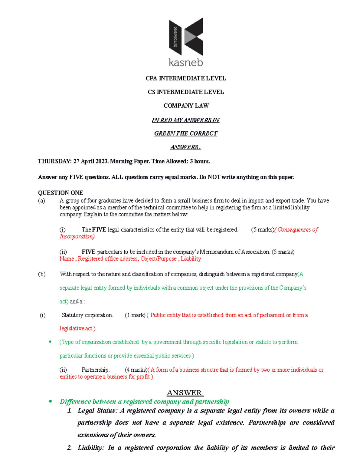 CA21 Company Law - CPA Past Paper - CPA INTERMEDIATE LEVEL CS ...