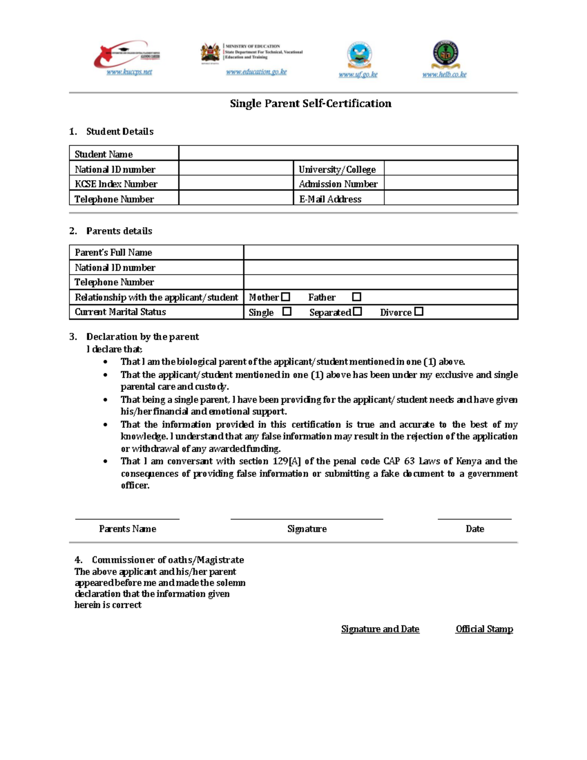 Single Parent Self Certification 2024 - Single Parent Self-Certification Student Details Student ...