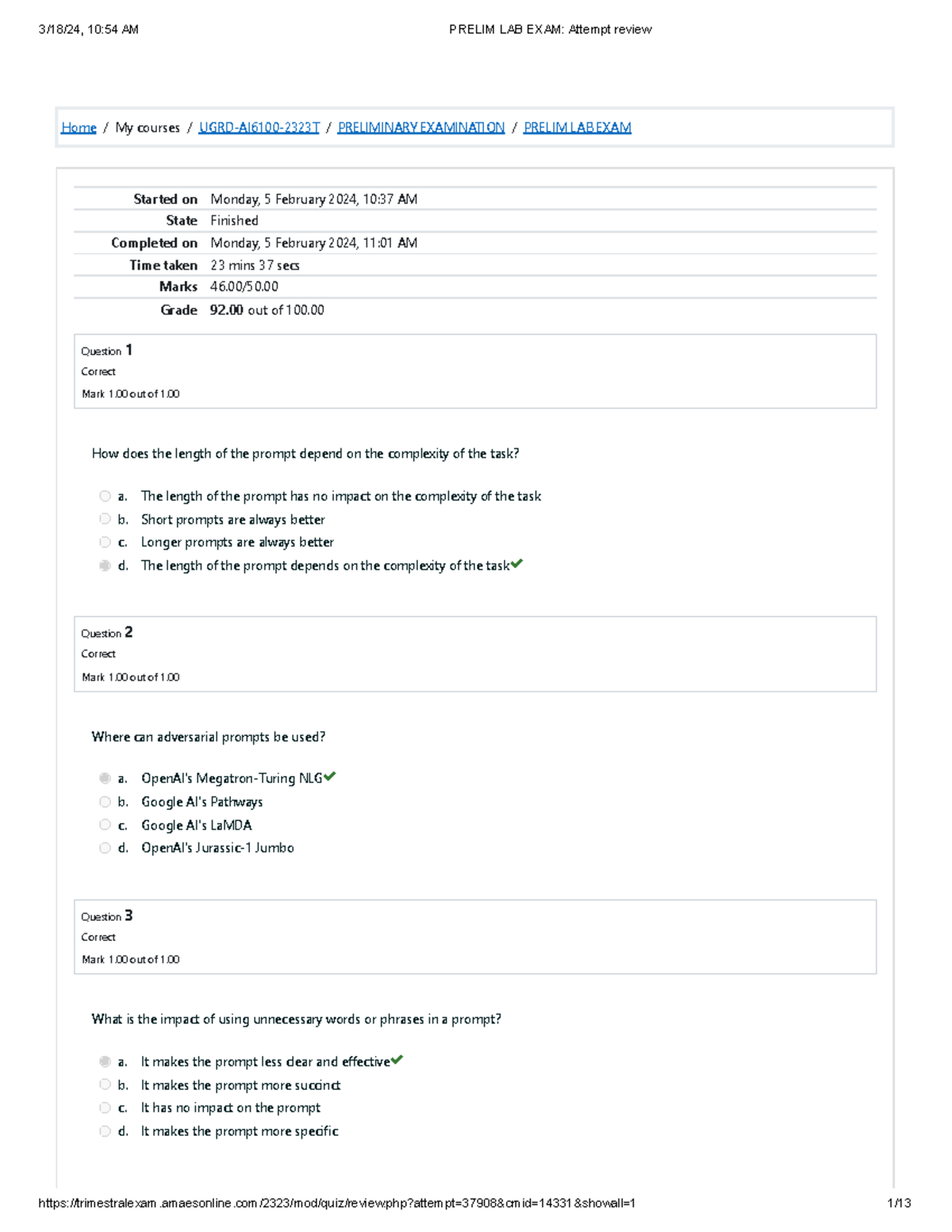 Prelim LAB EXAM Attempt review - Home / My courses / UGRD-AI6100-2323T / PRELIMINARY EXAMINATION ...