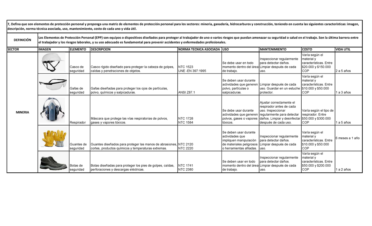 Cuadro EPPS - SECTOR IMAGEN ELEMENTO DESCRIPCION NORMA TECNICA ASOCIADA USO MANTENIMIENTO COSTO ...