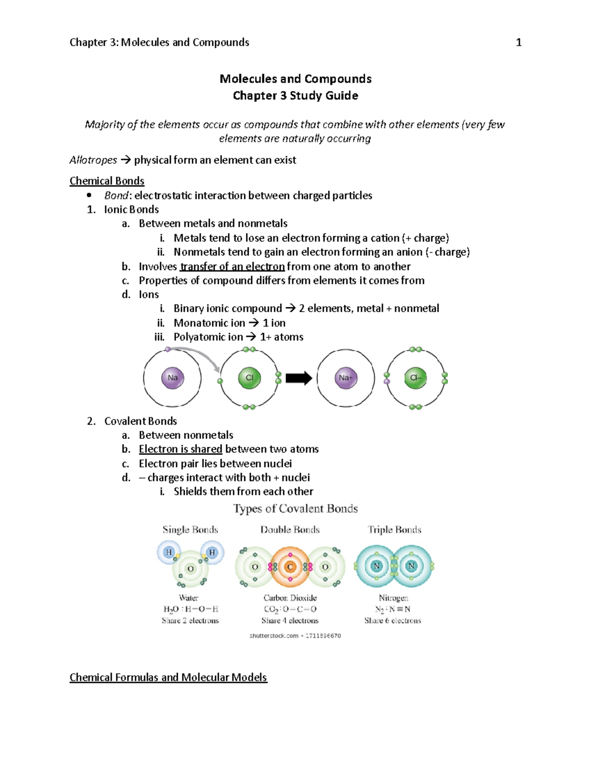 Gen Chem I - Chapter 3 Study Guide, Prof Deak - Molecules and Compounds ...