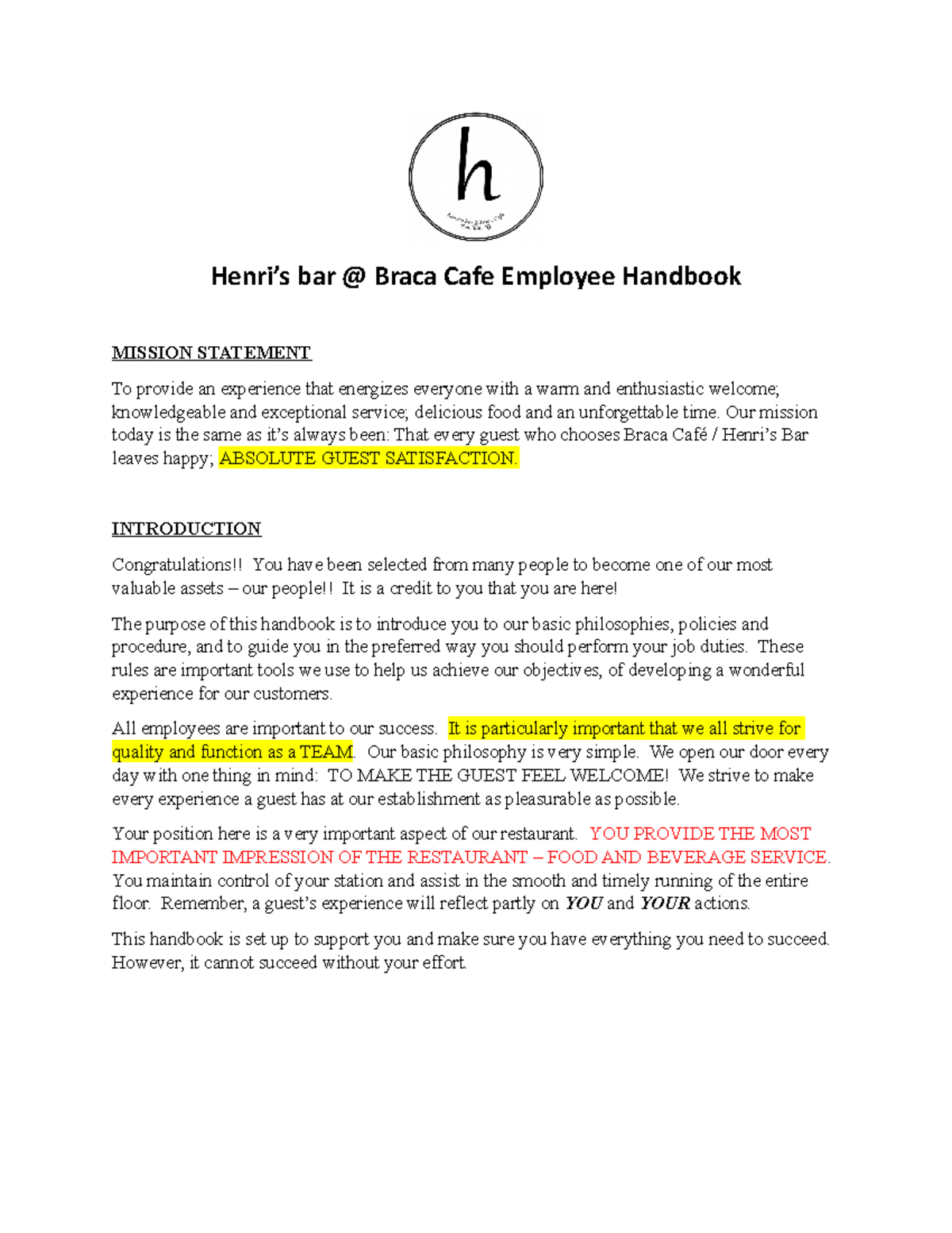 Employee Handbook Project - Henri’s bar @ Braca Cafe Employee Handbook ...