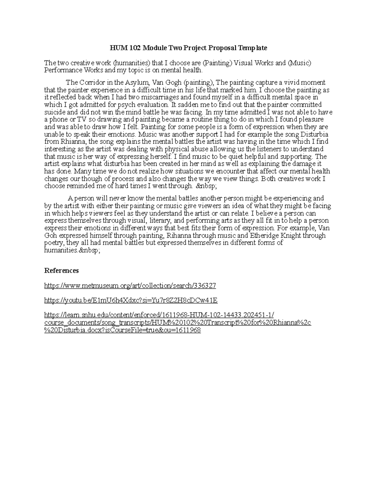 HUM 102 Module Two Project Proposal Template - The Corridor in the ...