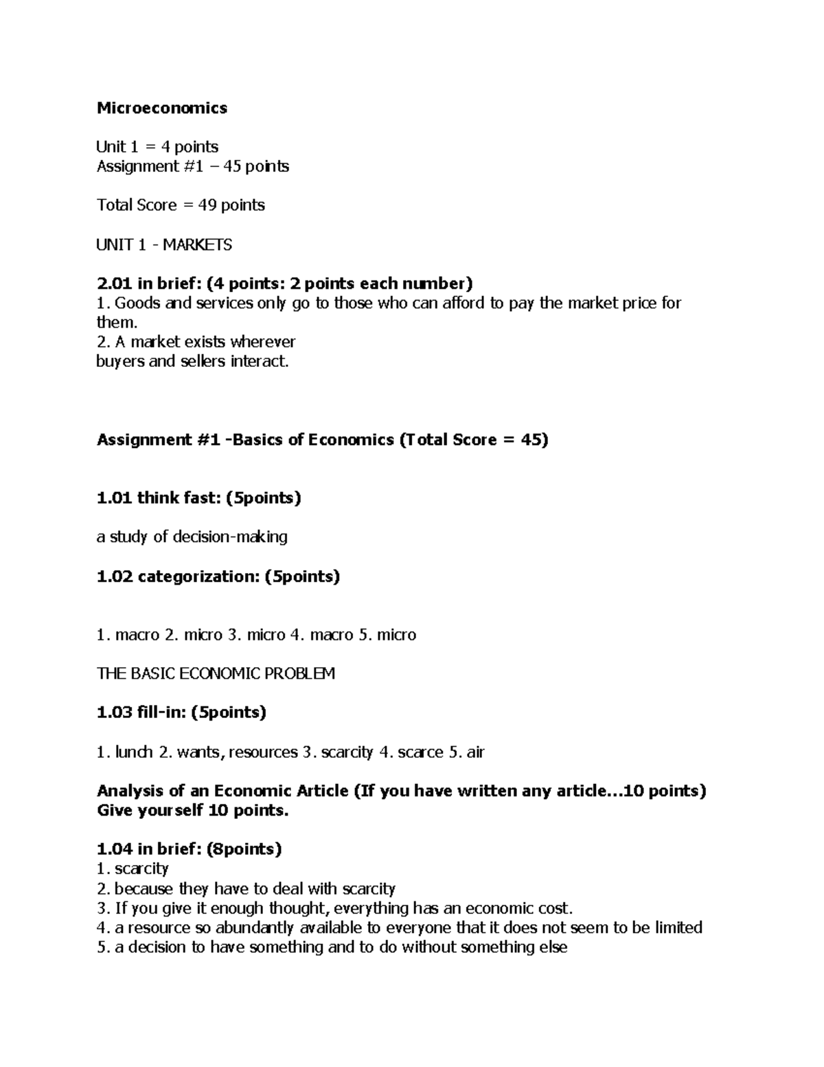 1 Unit 1 and Assign 1 Answer Key Microeconomics - Microeconomics Unit 1 ...