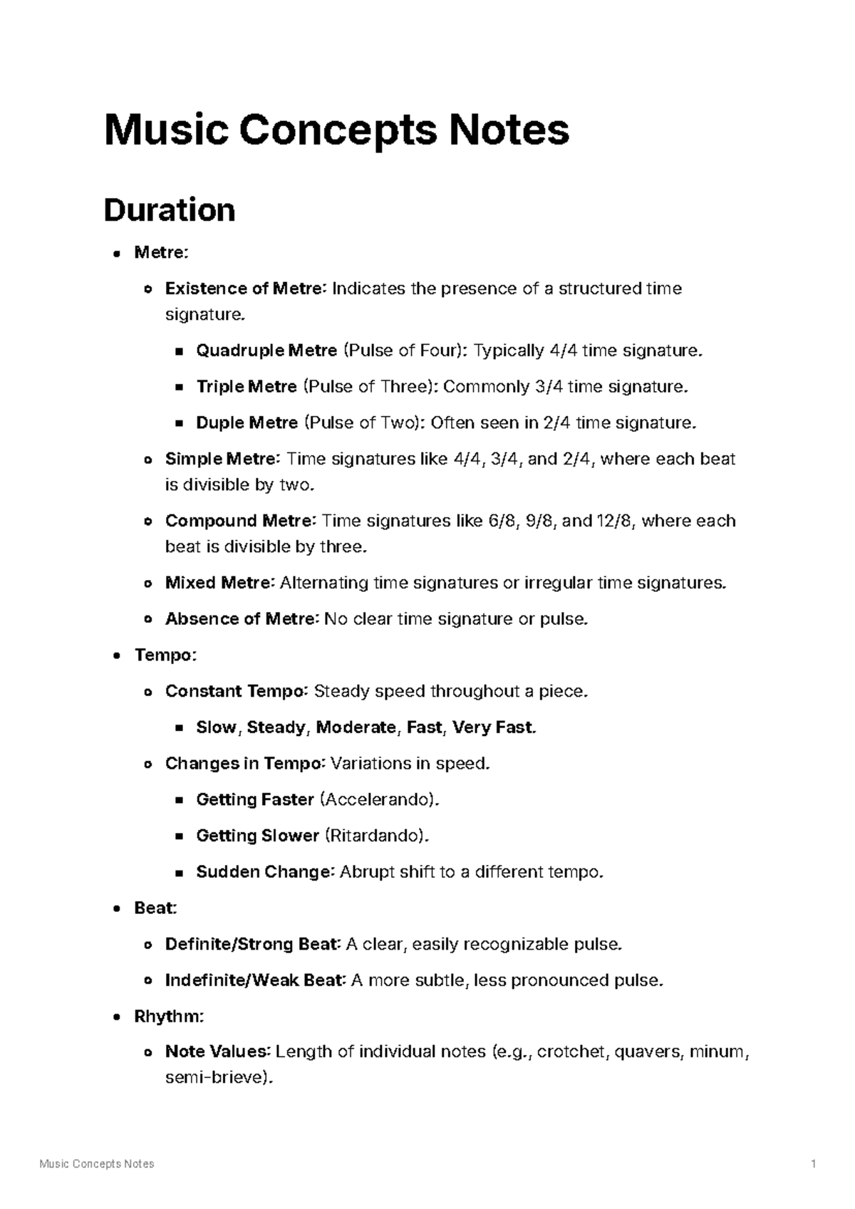 Music Concepts Notes - Music Concepts Notes Duration Metre: Existence ...