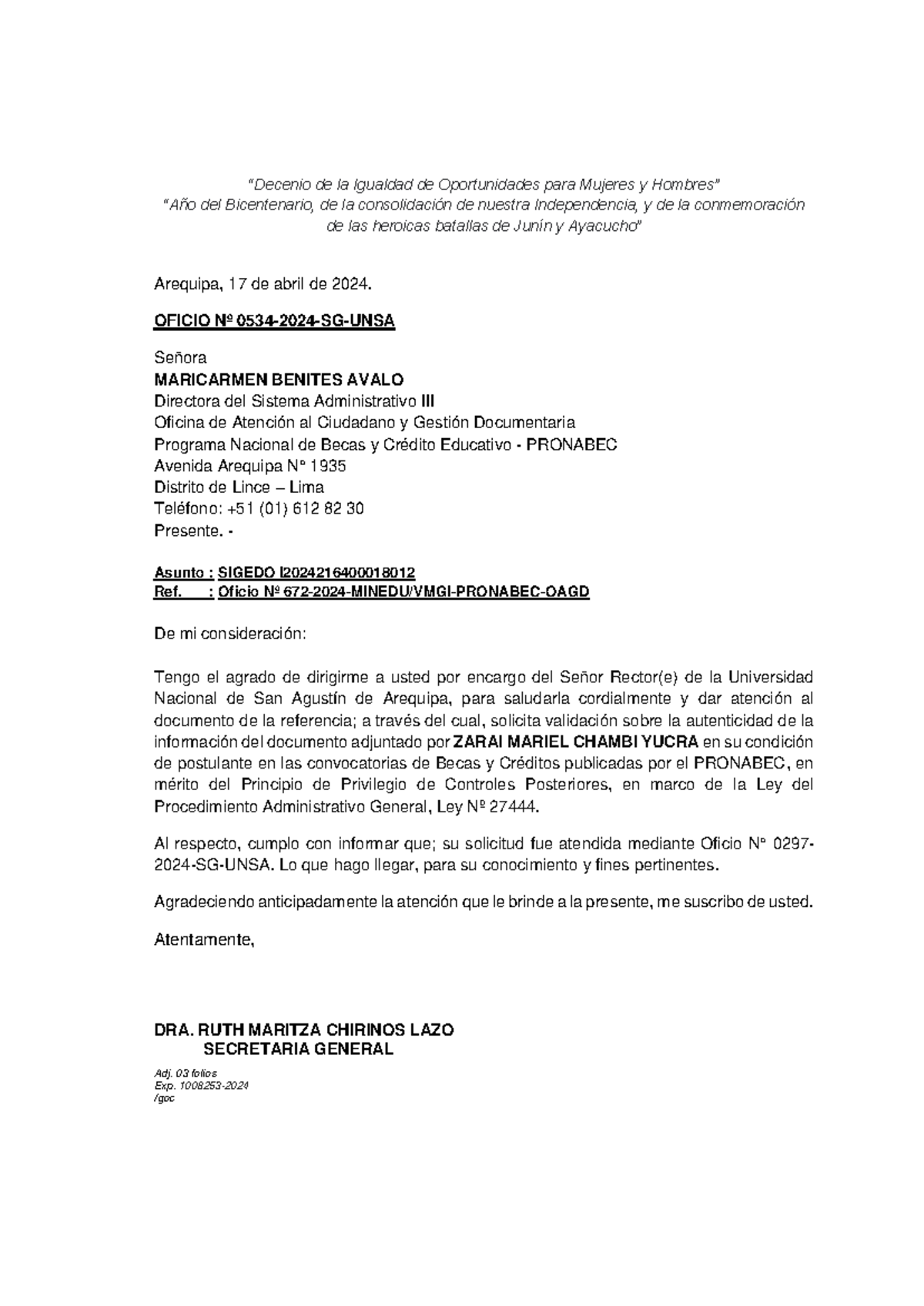 Oficio N.° 0534-2024-SG-UNSA-PARA Imprimir - “Decenio de la Igualdad de ...