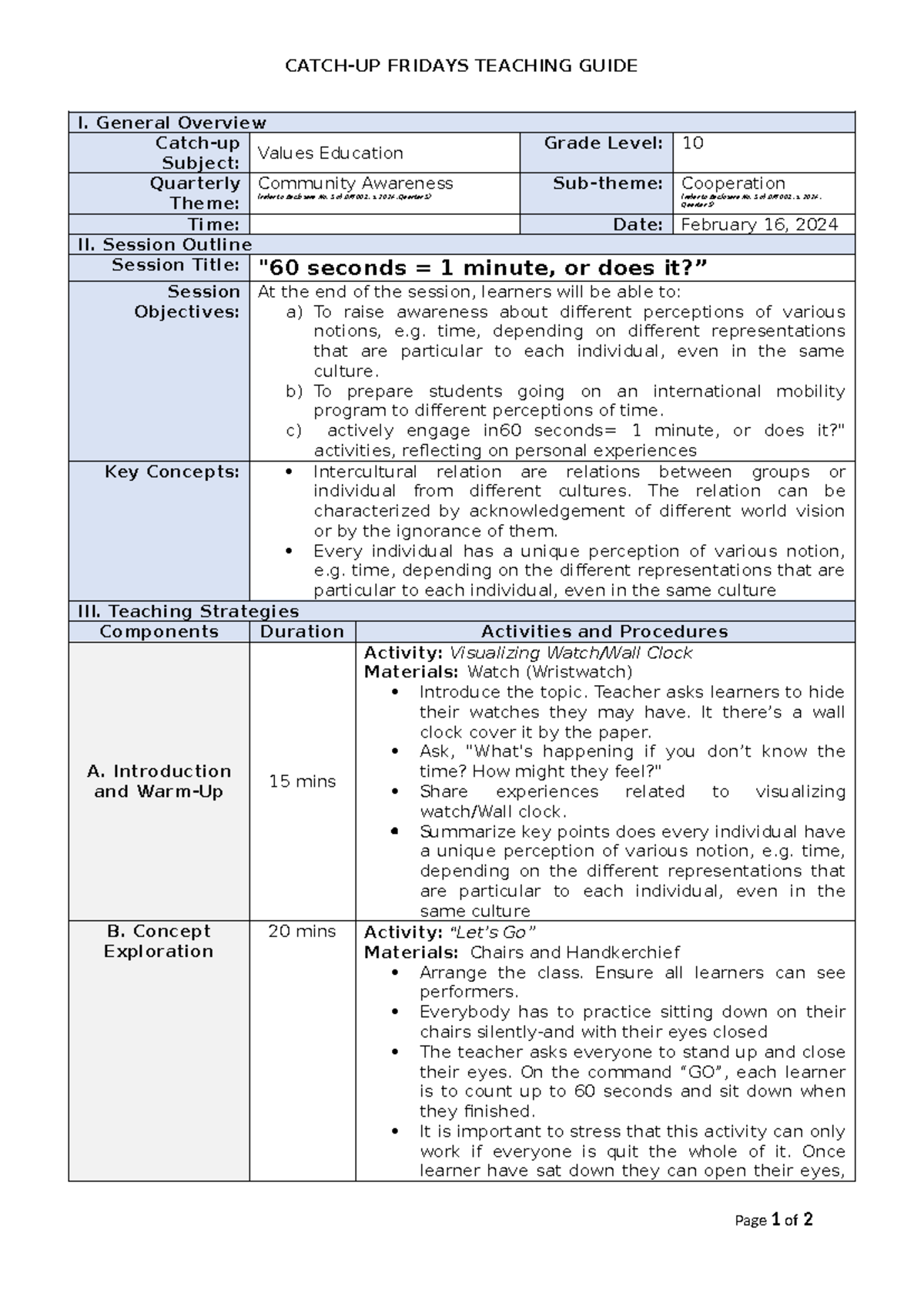 Week 1 February 16, 2024 - CATCH-UP FRIDAYS TEACHING GUIDE I. General ...