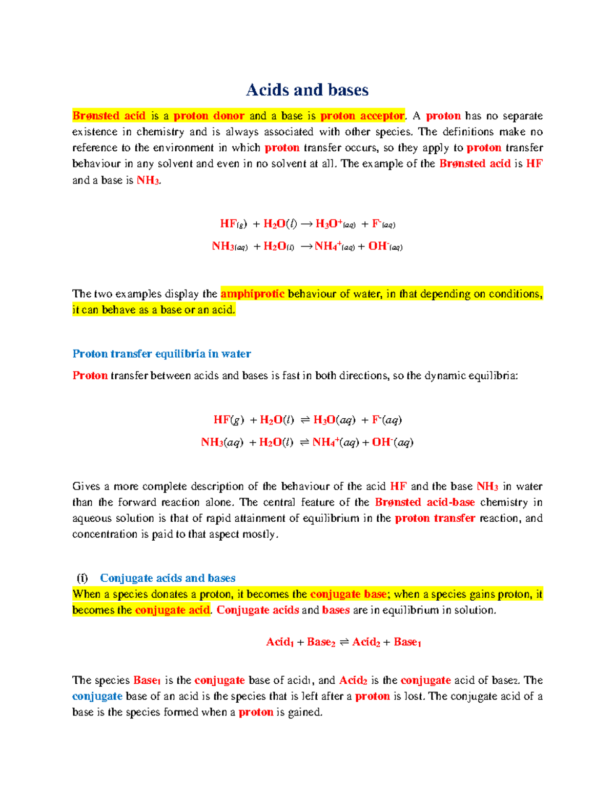Acids and bases notes - Acids and bases Brønsted acid is a proton donor ...