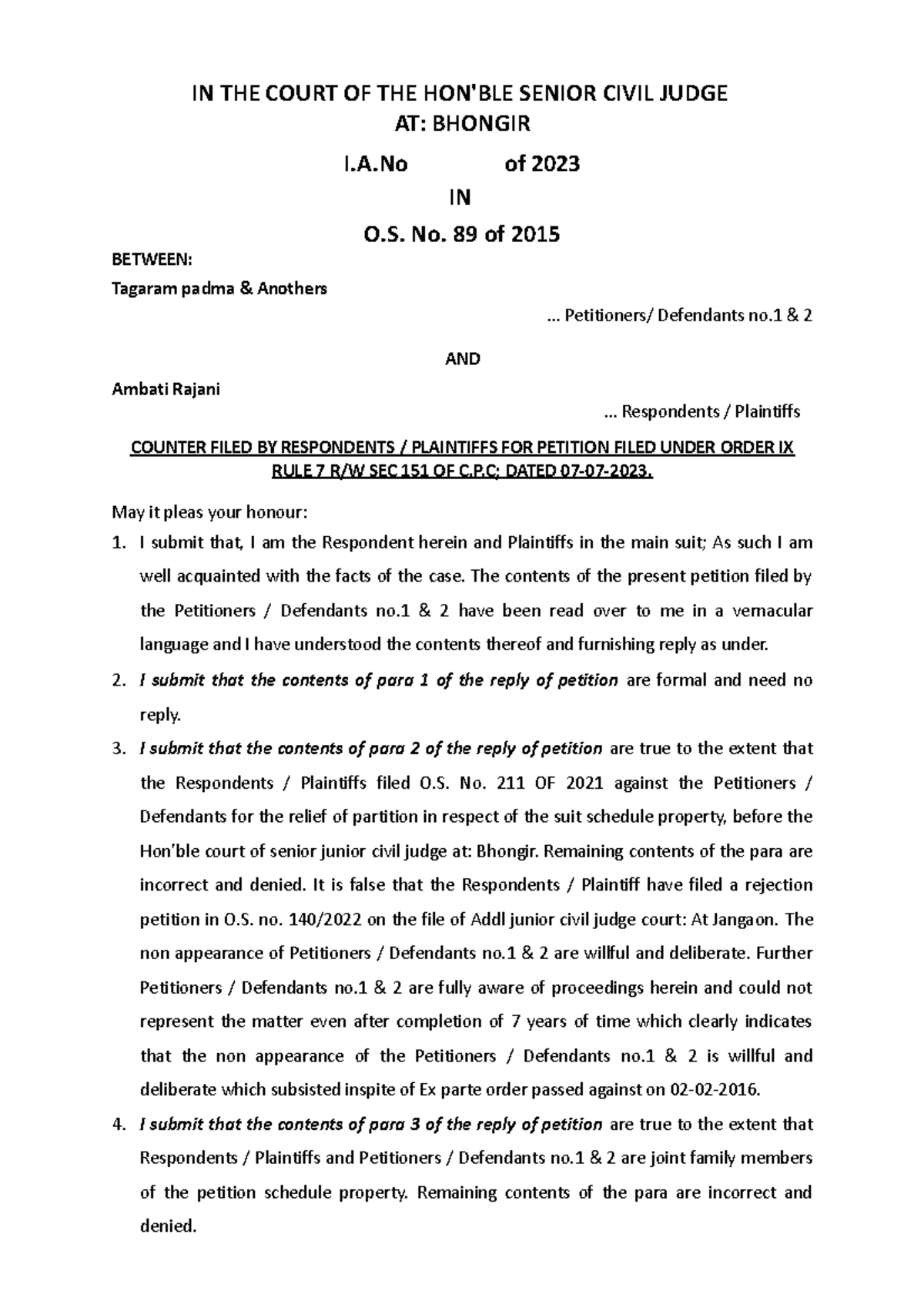 Counter to dismiss set aside - IN THE COURT OF THE HON'BLE SENIOR CIVIL ...