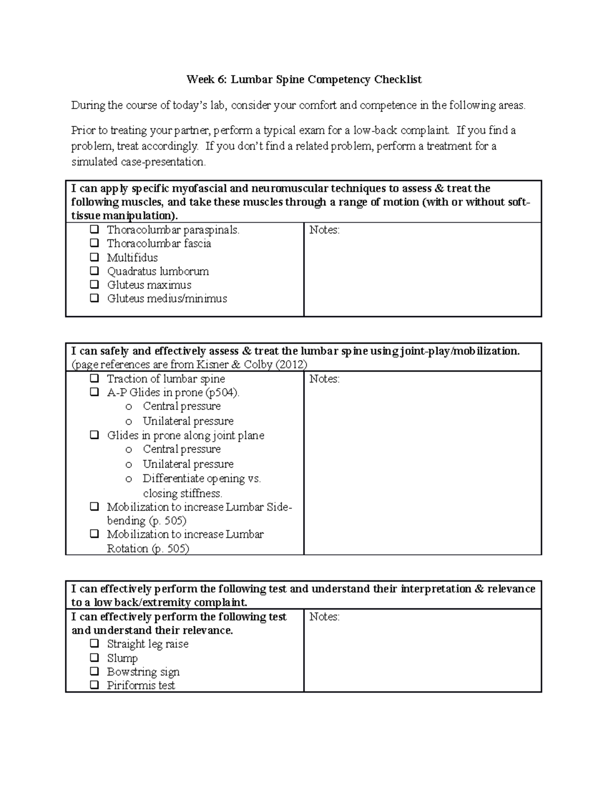 Week 6 Competency Checklist (Lumbar spine) - MSTH251 - Humber College ...