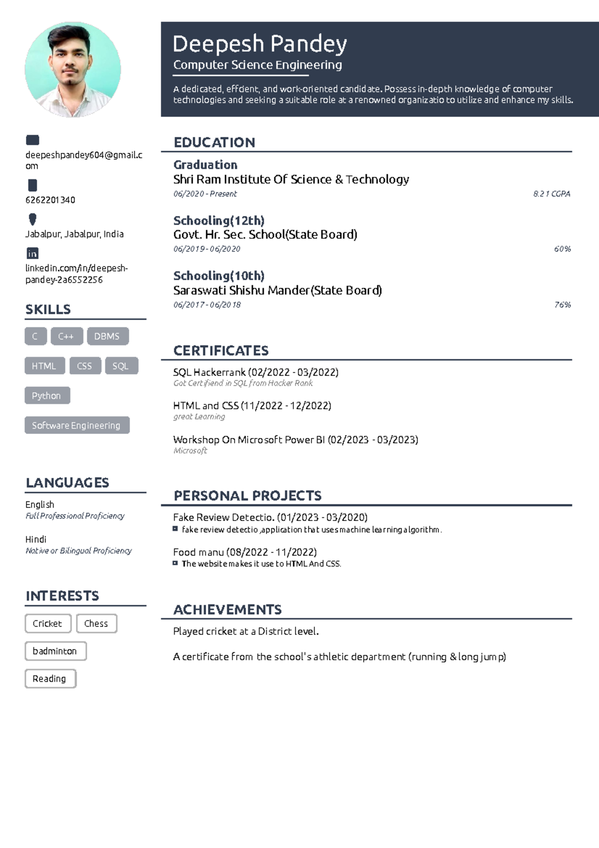 Resume - Deepesh Pandey Computer Science Engineering A dedicated, effcient, and work-oriented ...