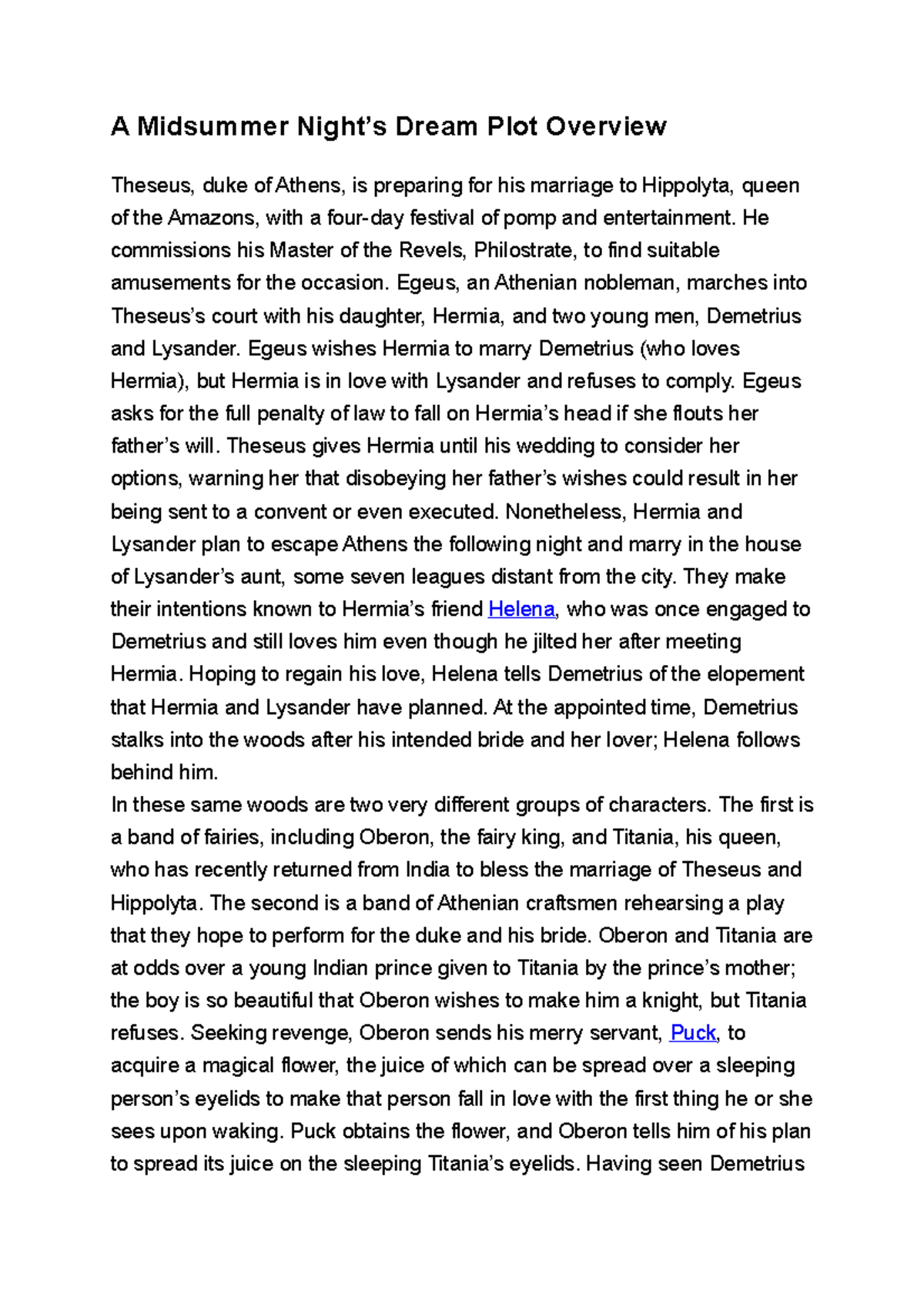 A Midsummer Nights dream plot overview - A Midsummer Dream Plot ...