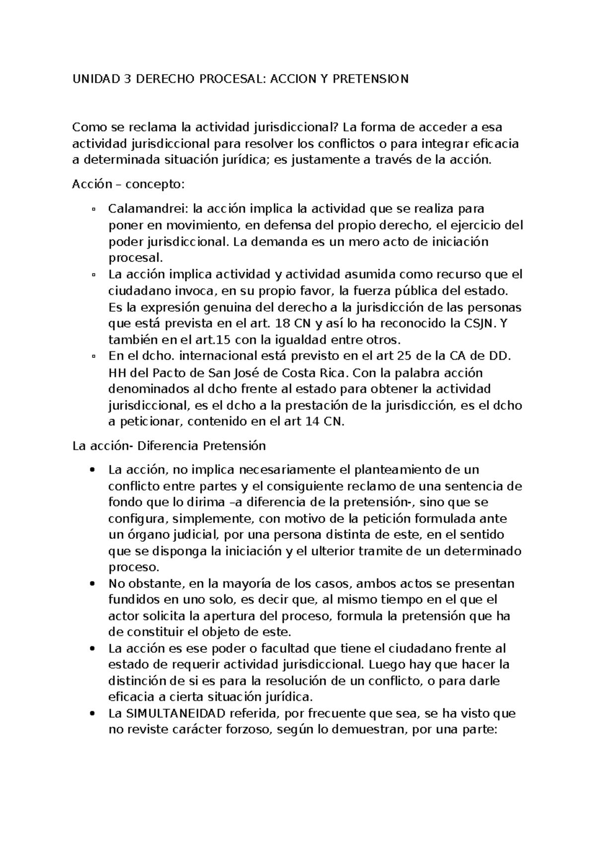 Apunte U3 Procesal - UNIDAD 3 DERECHO PROCESAL: ACCION Y PRETENSION Como se reclama la actividad ...
