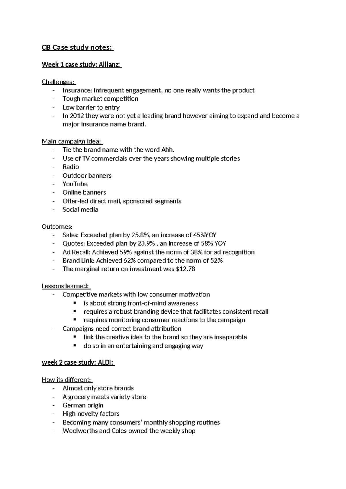 CB Case study - notes - CB Case study notes: Week 1 case study: Allianz ...