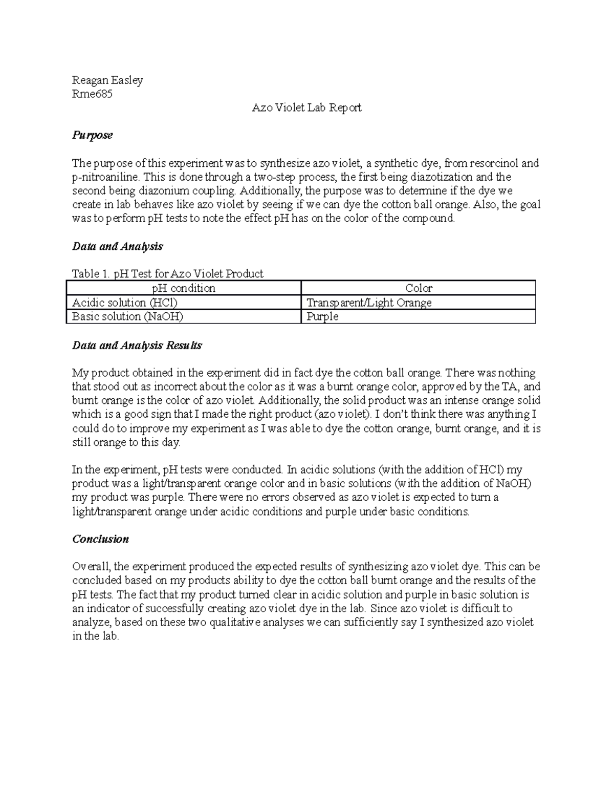 Azo Violet 220c 2021 - Lab Report for Fall 2021 with Dr. Fjetland ...