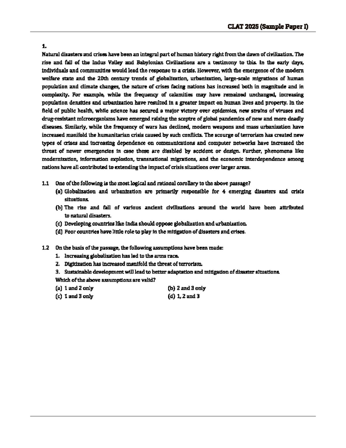 CLAT Sample Paper-1 - CLAT 2025 (Sample Paper I) 1. Natural disasters ...