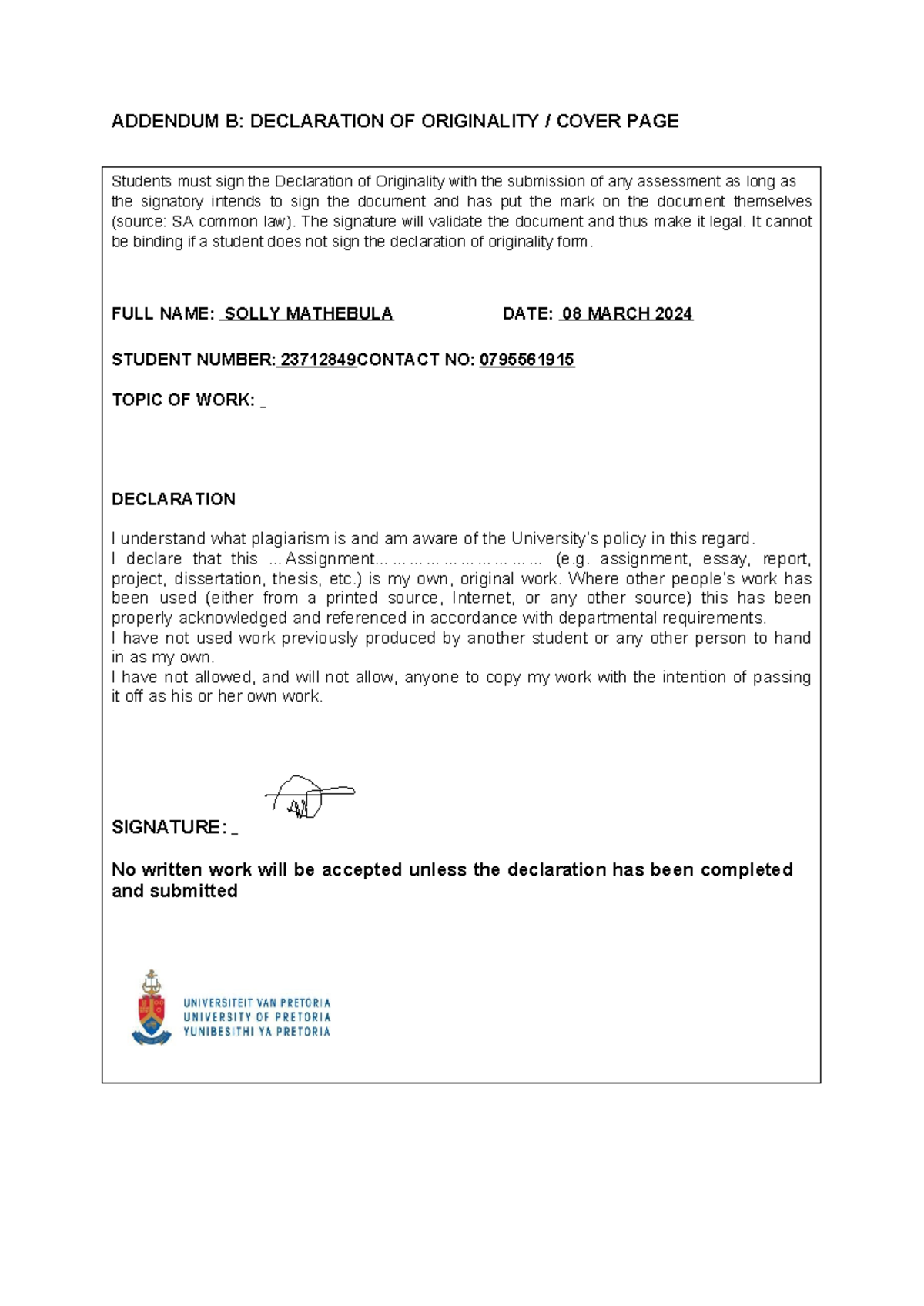 Teaching Philosophy - Assignment - ADDENDUM B: DECLARATION OF ...